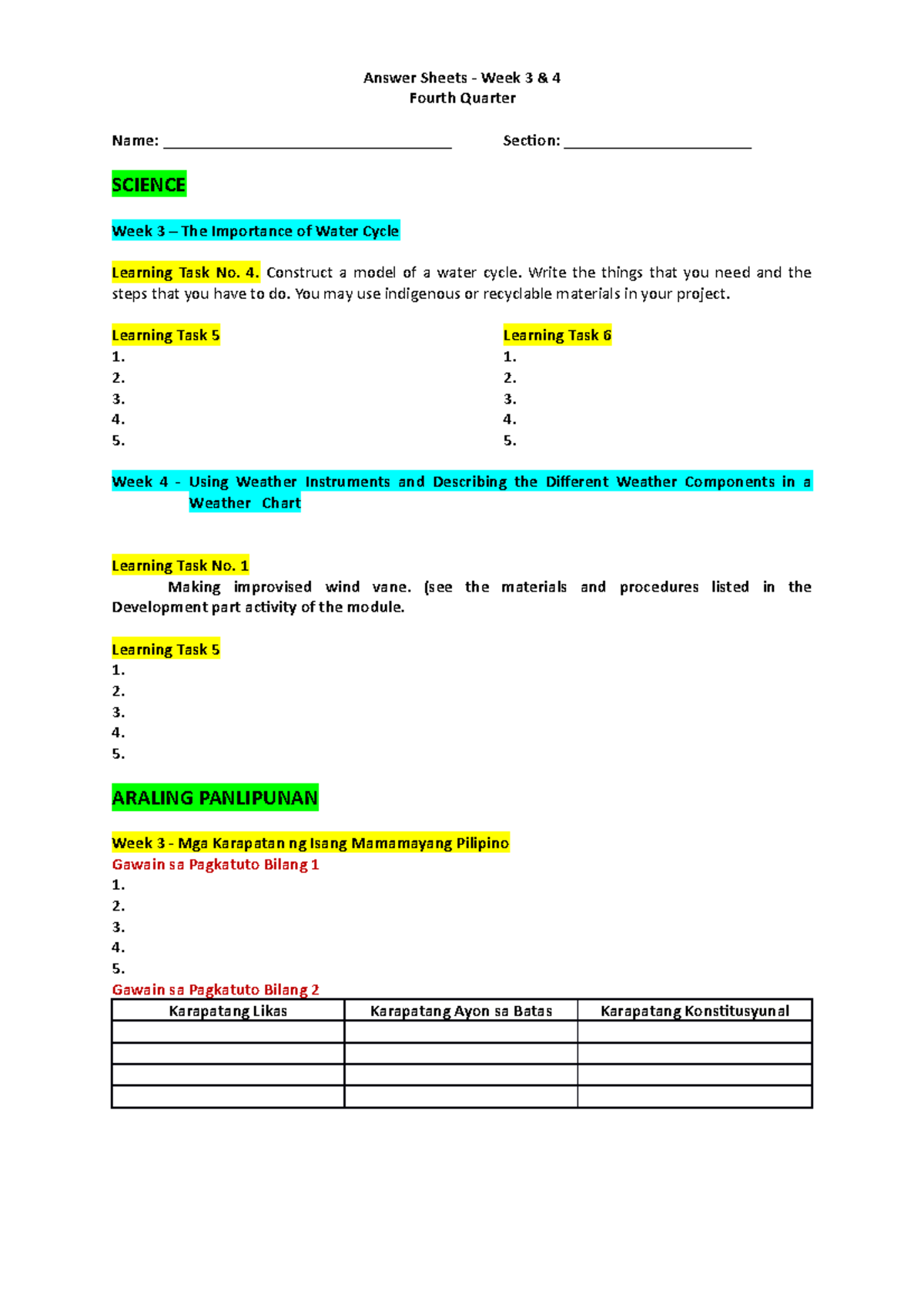 Answer Sheets week 3-4 - fourth quarter - Answer Sheets - Week 3 & 4 ...