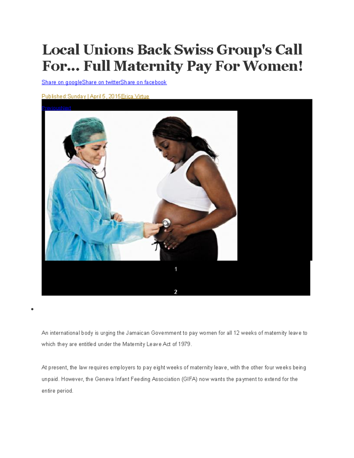 Call for Full Maternity Pay for Women - Local Unions Back Swiss Group's ...