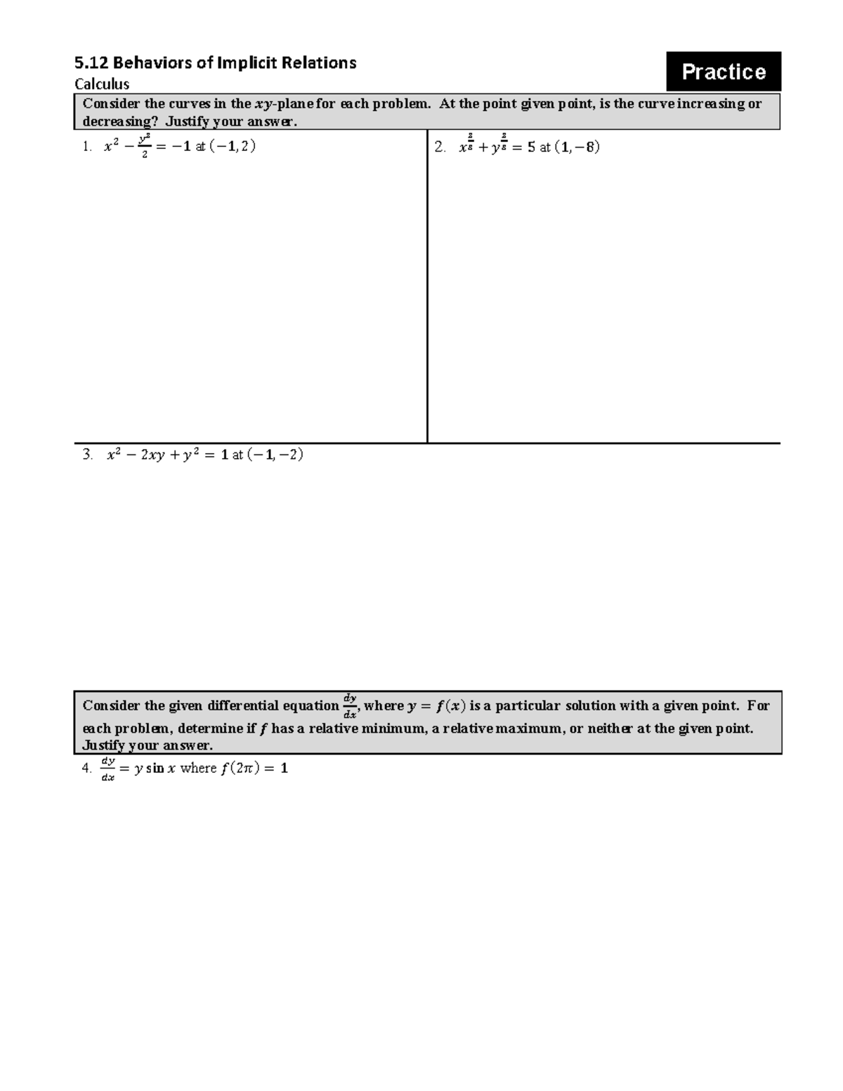 HW 5 - Worksheet - 5 Behaviors of Implicit Relations Calculus Consider ...
