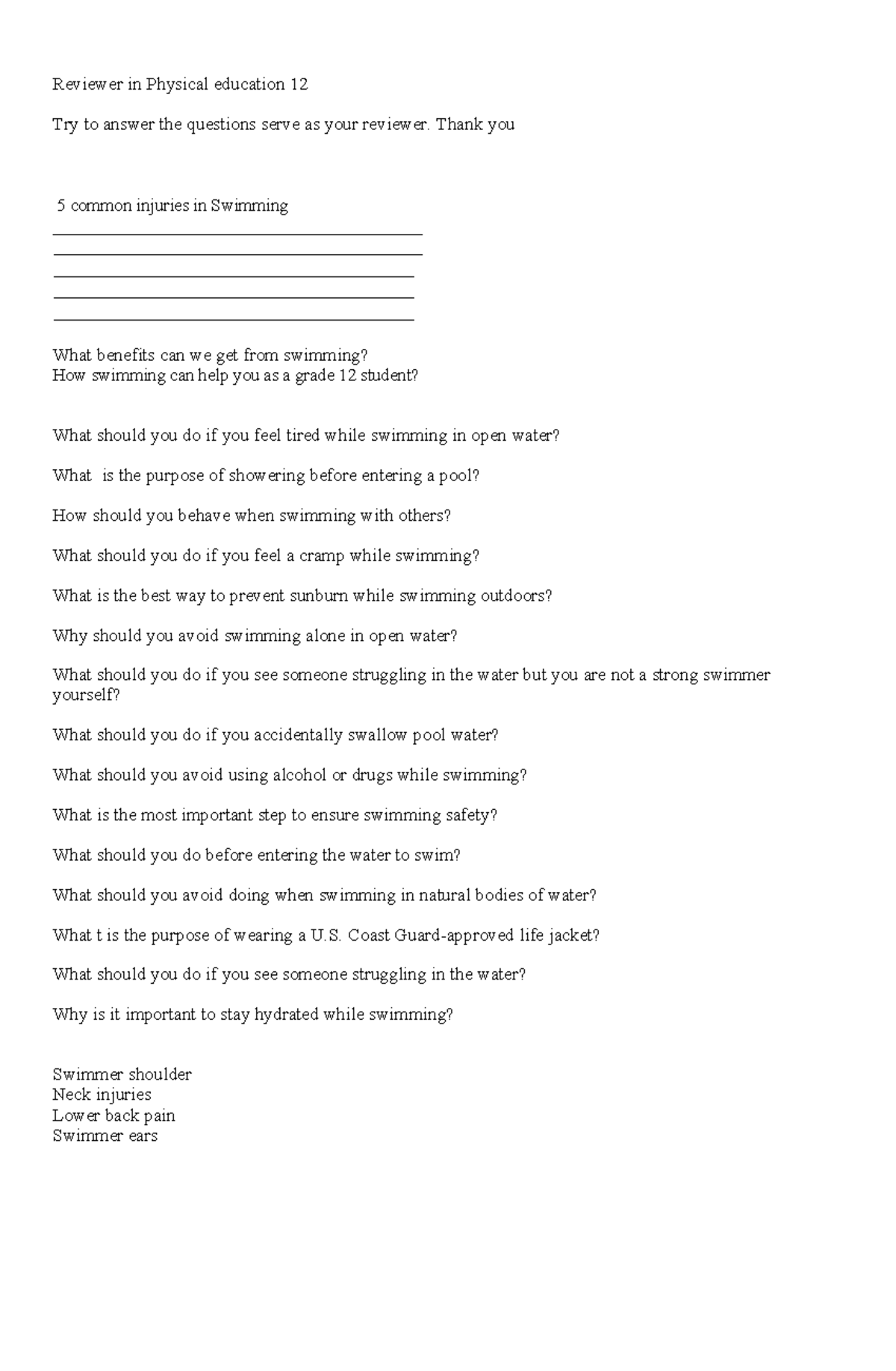 Reviewer - notes - Reviewer in Physical education 12 Try to answer the ...