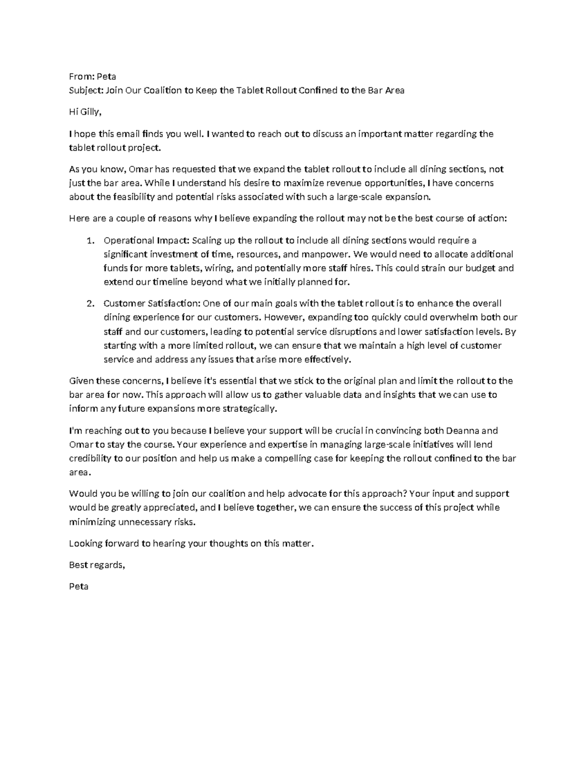 Assignment - Thanks - From: Peta Subject: Join Our Coalition to Keep ...