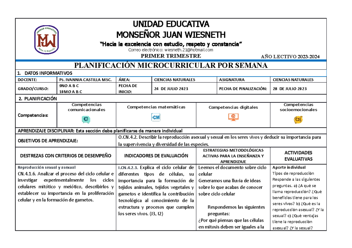 Ciencias naturales semana 14 Planificacion Semanal - Uemjw - UNIDAD ...