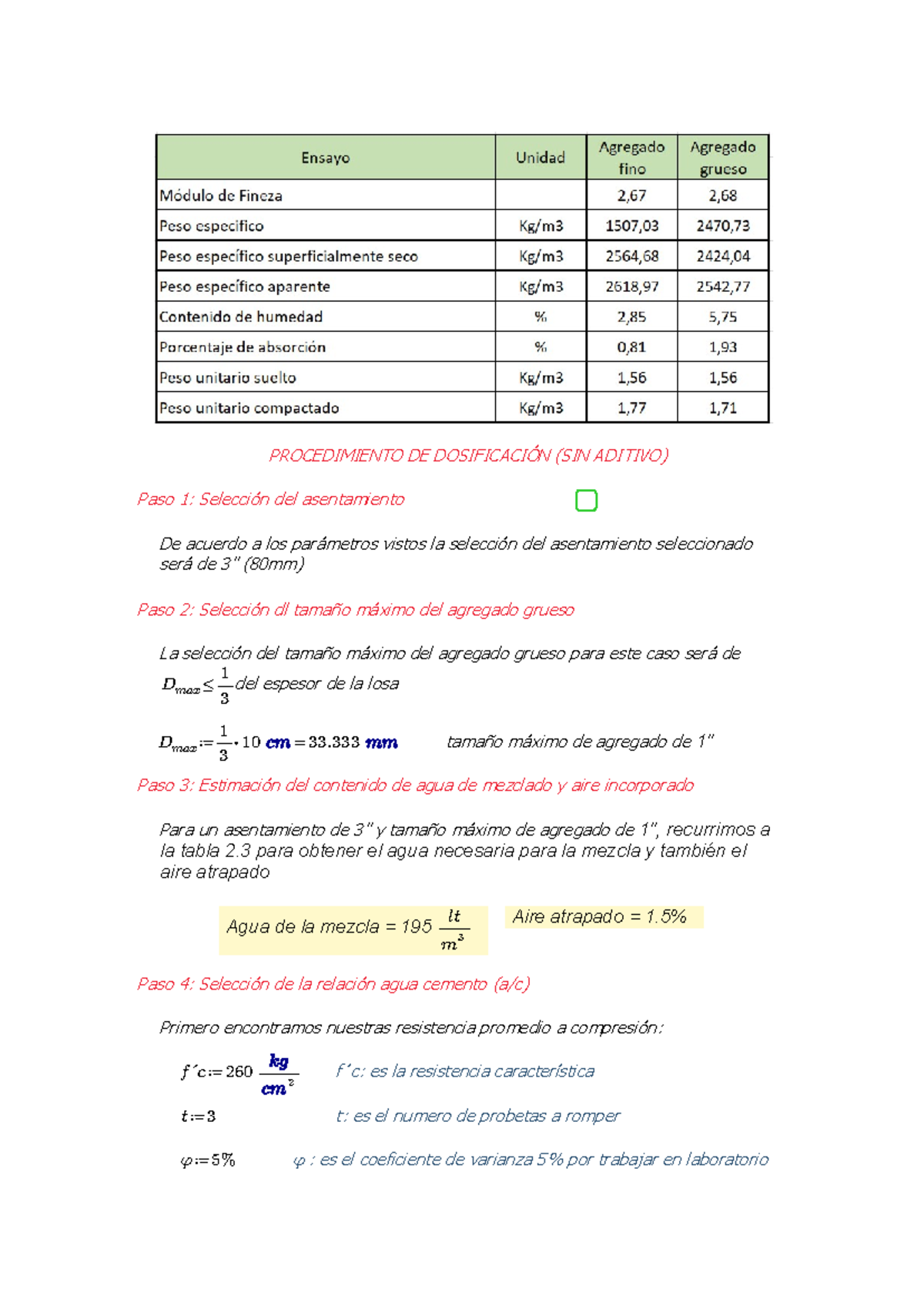 Dosificacion H°A° II - PROCEDIMIENTO DE DOSIFICACIÓN (SIN ADITIVO) Paso ...