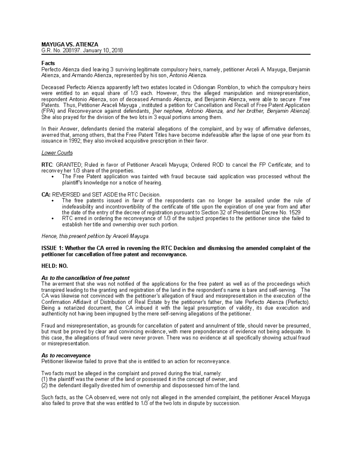 486935751 Mayuga vs Atienza - MAYUGA VS. ATIENZA G. No. 208197. January ...