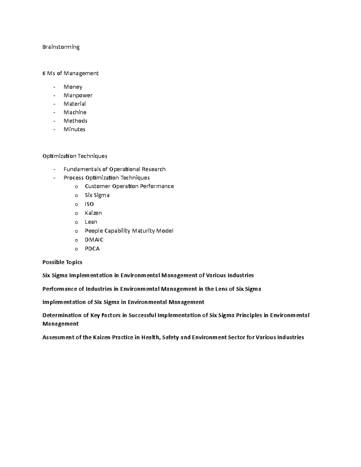 Topics - Brainstorming 6 Ms of Management Money Manpower Material ...