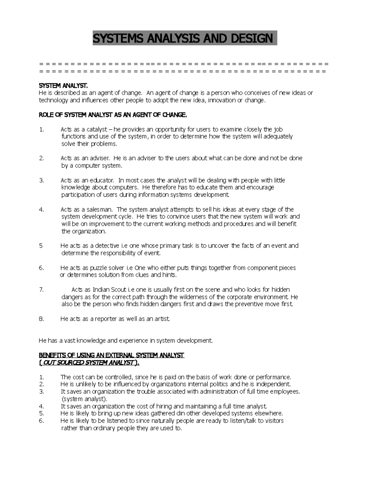 SAD Notes - GOOD - SYSTEMS ANALYSIS AND DESIGN