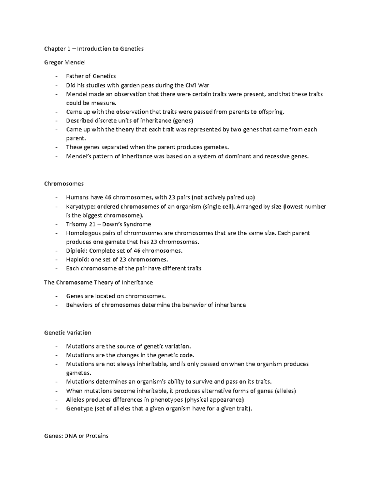 Chapter 1 Notes - Chapter 1 – Introduction to Genetics Gregor Mendel ...