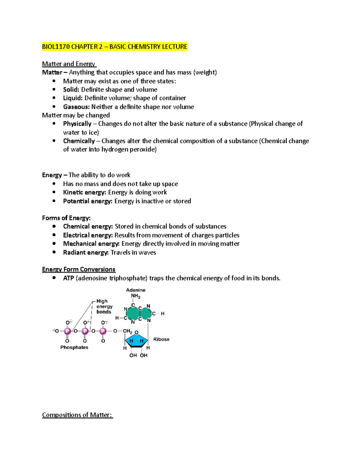 BIOL1170 Chapter 2 basic chem lecture - BIOL1170 CHAPTER 2 – BASIC ...