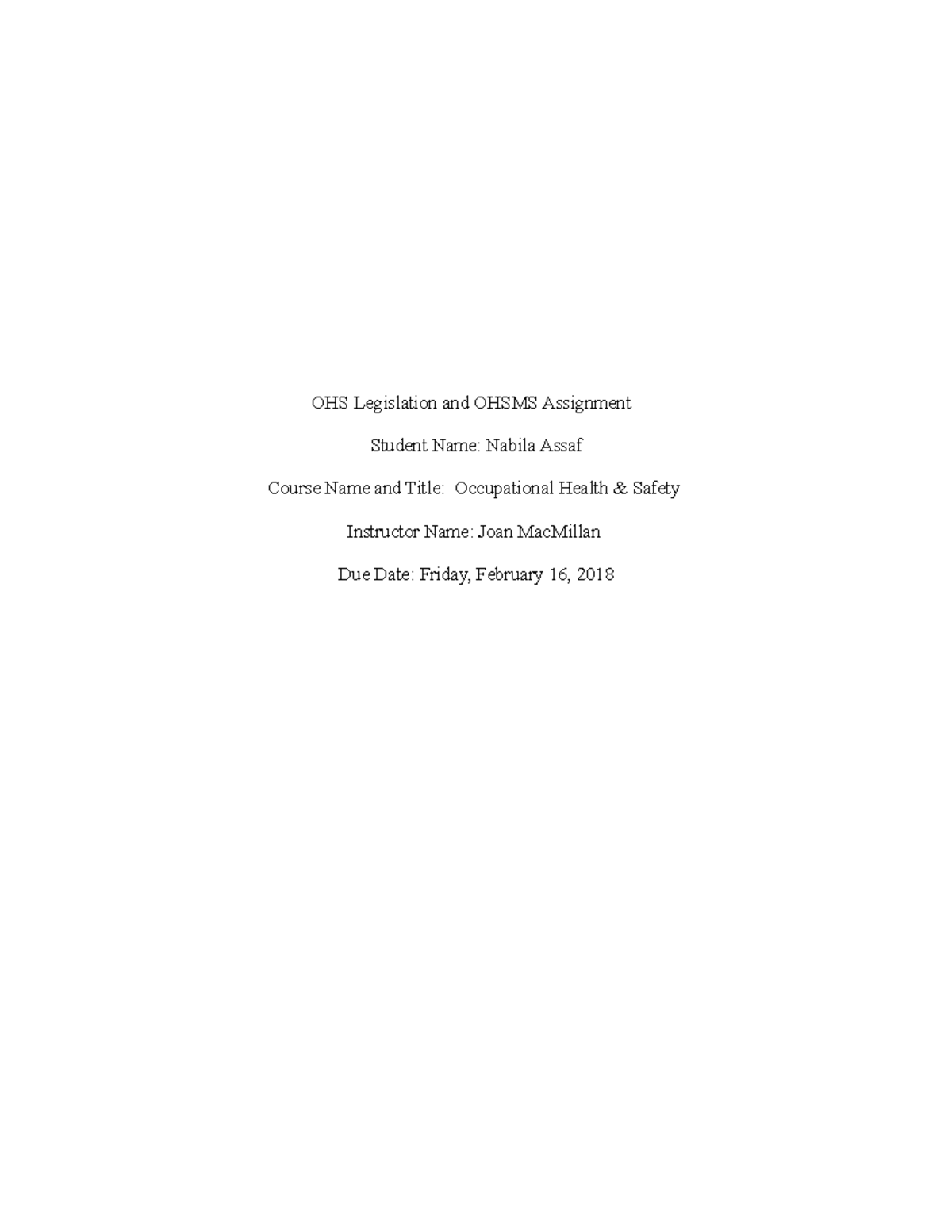 OHS Legislation and Ohsms Assignment - OHS Legislation and OHSMS ...