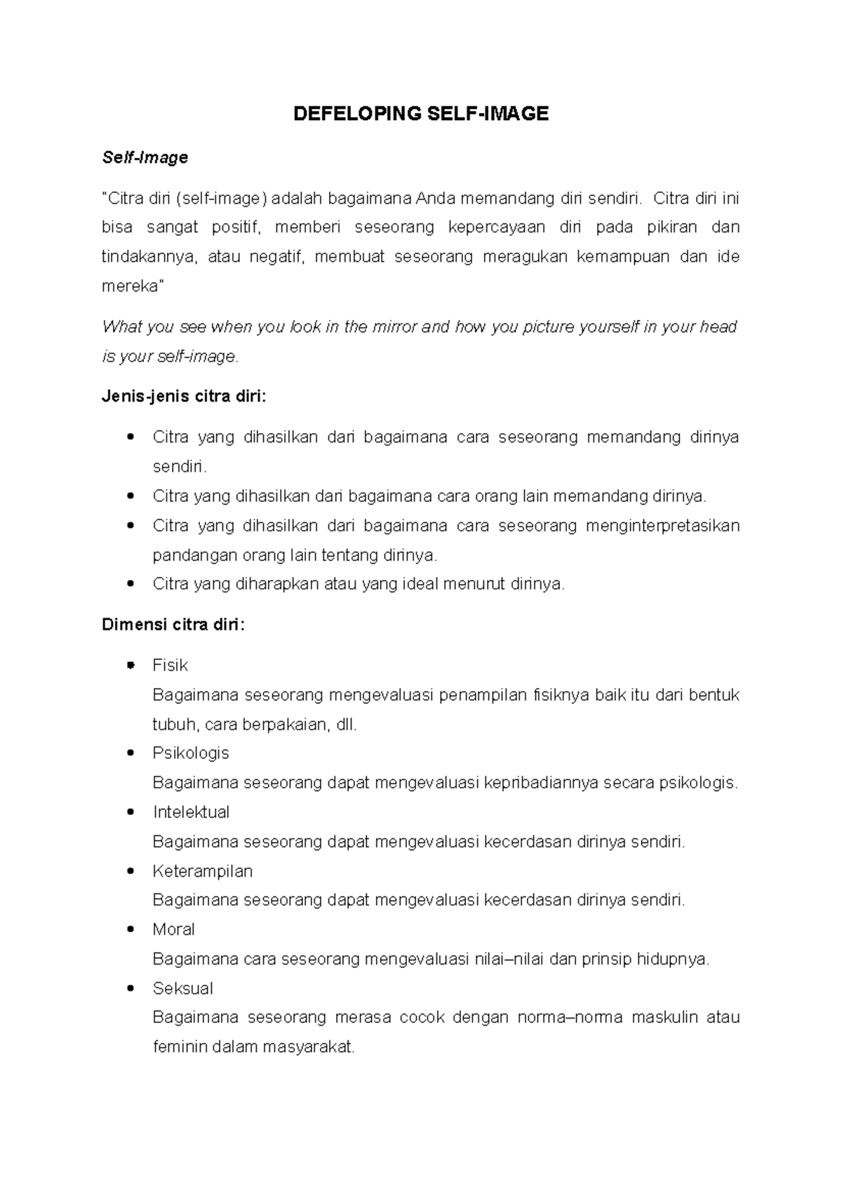 Defeloping Self-Image - DEFELOPING SELF-IMAGE Self-Image “Citra diri ...