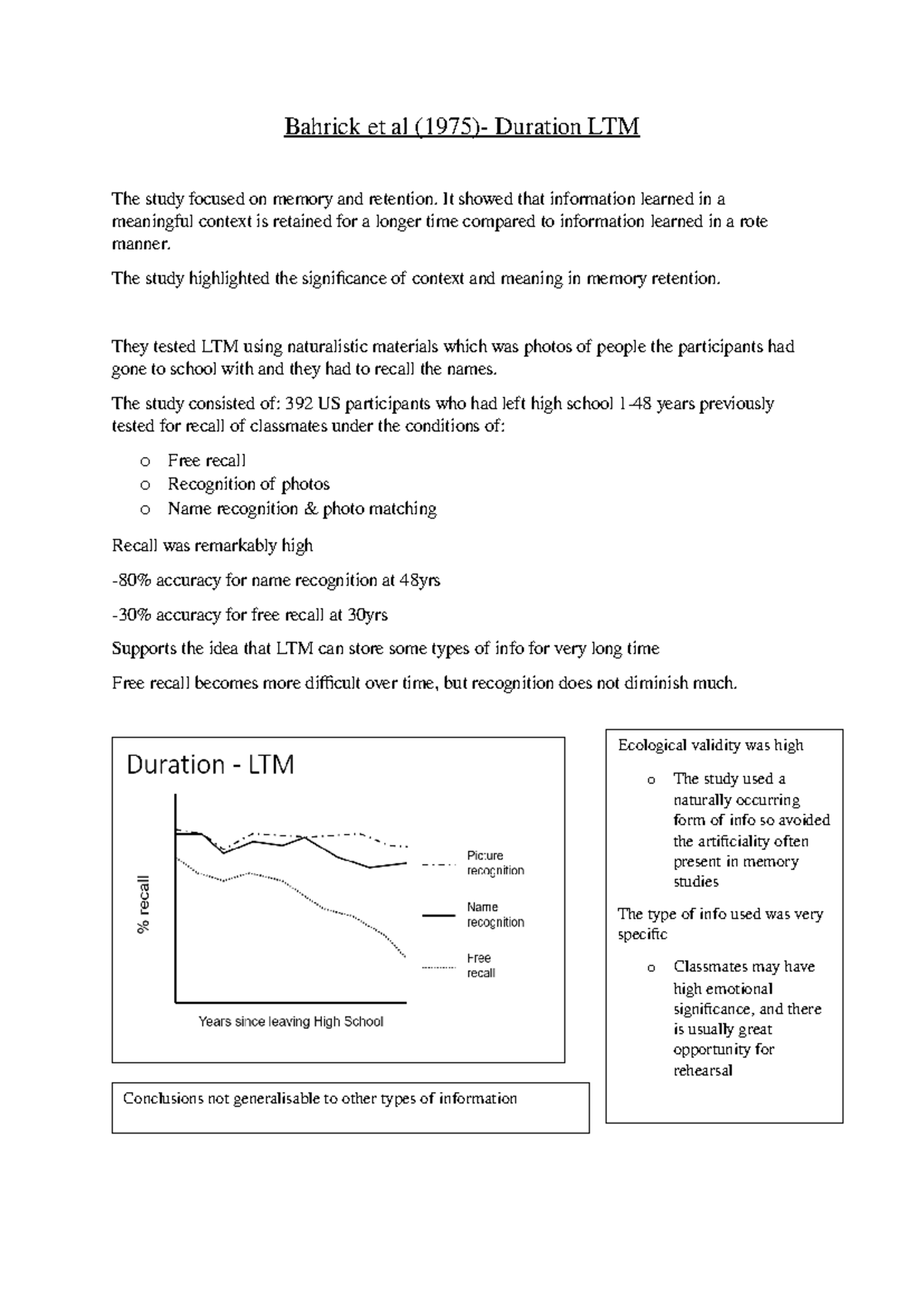 Peterson and bahrick - Bahrick et al (1975)- Duration LTM The study ...