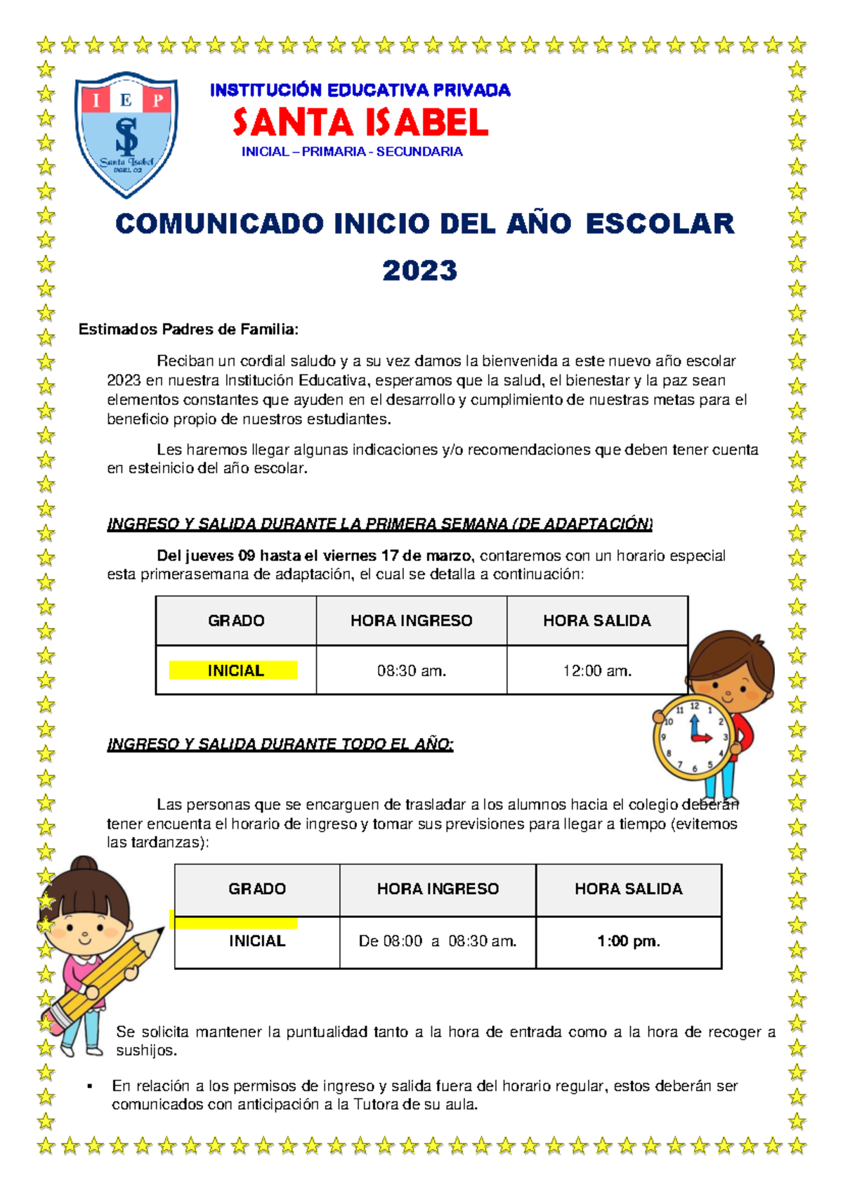 Comunicado Inicio DE Clases - Inicial - INSTITUCIÓN EDUCATIVA PRIVADA ...