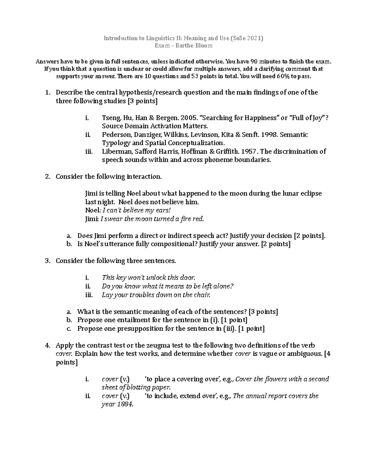 Introduction to Linguistics II: Meaning and Language Use, Exam SoSe ...