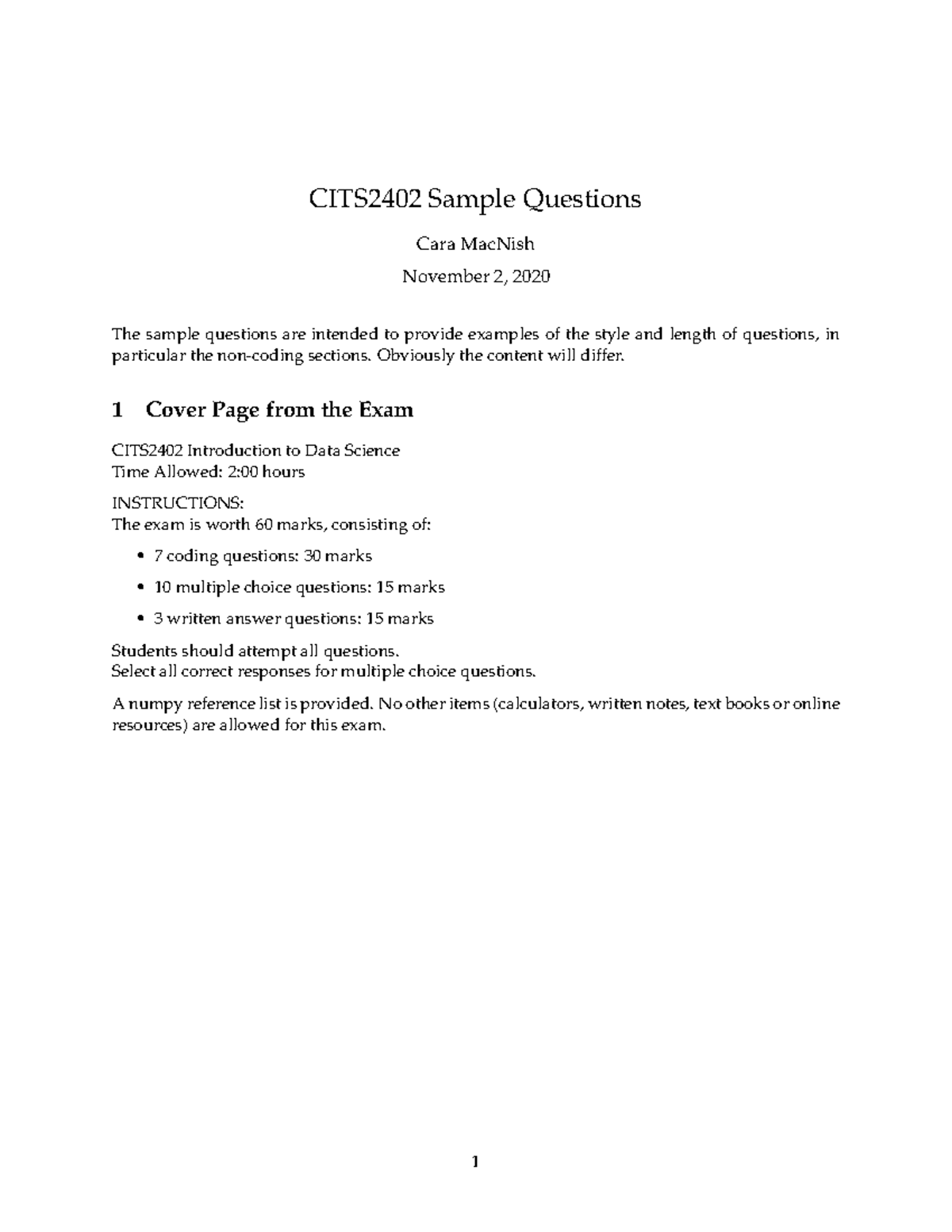 Sample-exam-questions - CITS2402 Sample Questions Cara MacNish November ...