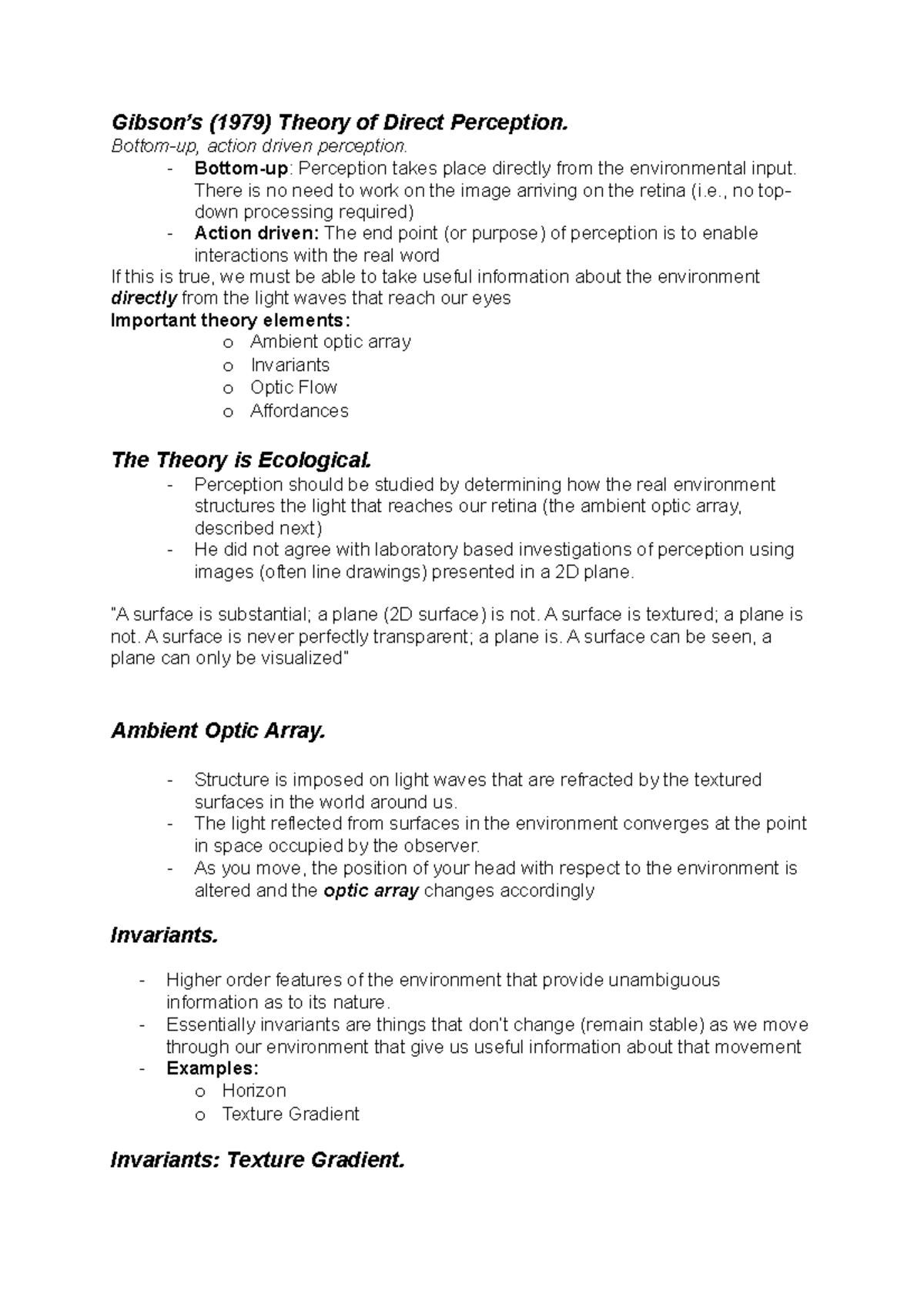 Gibson - Lecture notes Cognitive Psychology - Gibson’s (1979) Theory of ...