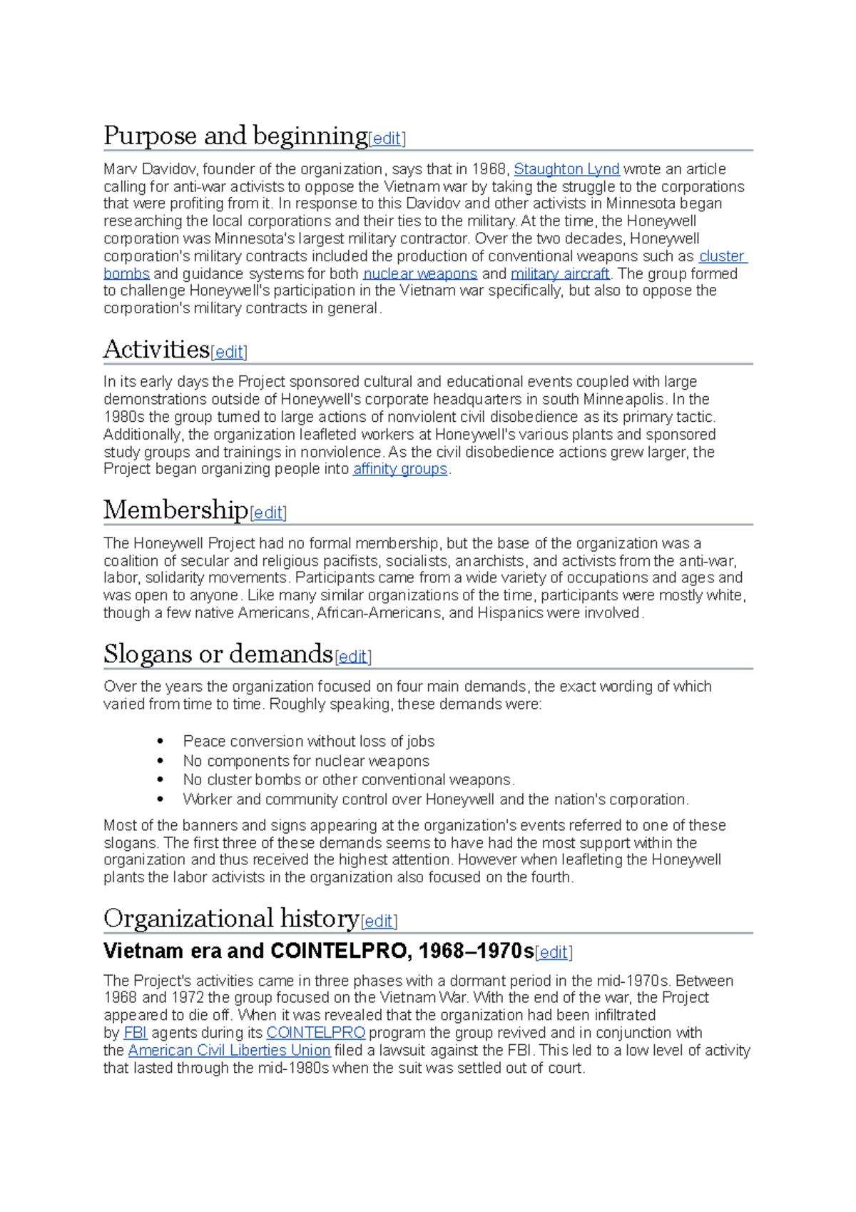 Project on Honeywell - Purpose and beginning[edit] Marv Davidov ...