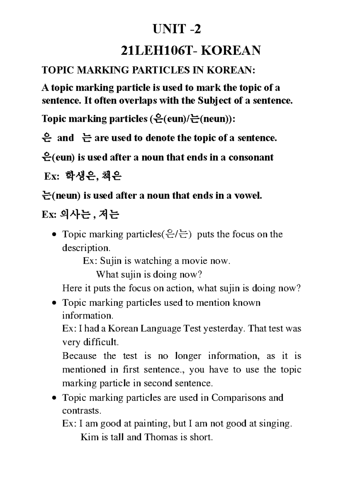 GBHBGJBBHJNKMMJHBG - UNIT - 2 21LEH106T- KOREAN TOPIC MARKING PARTICLES ...