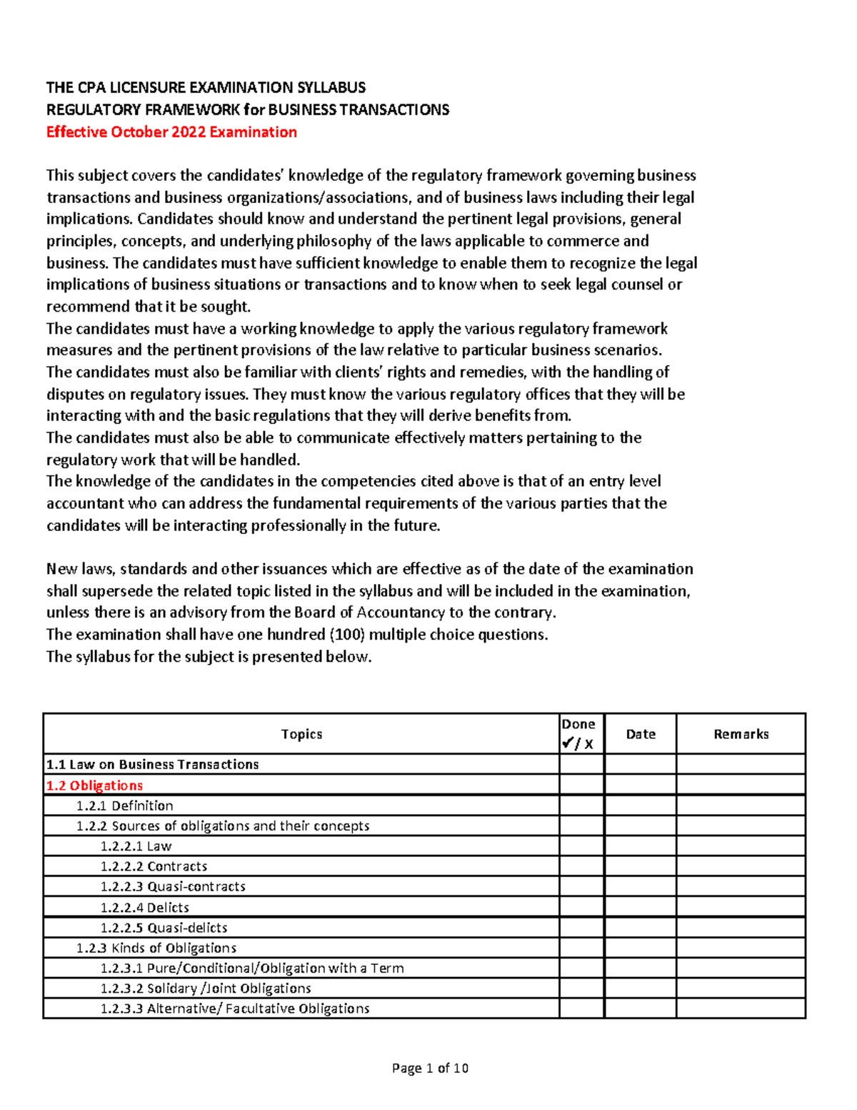 RFBT 2022 Syllabus tracking- Kenneth - Copy - Done ü / X 1 Law on Business Transactions 1 - Studocu