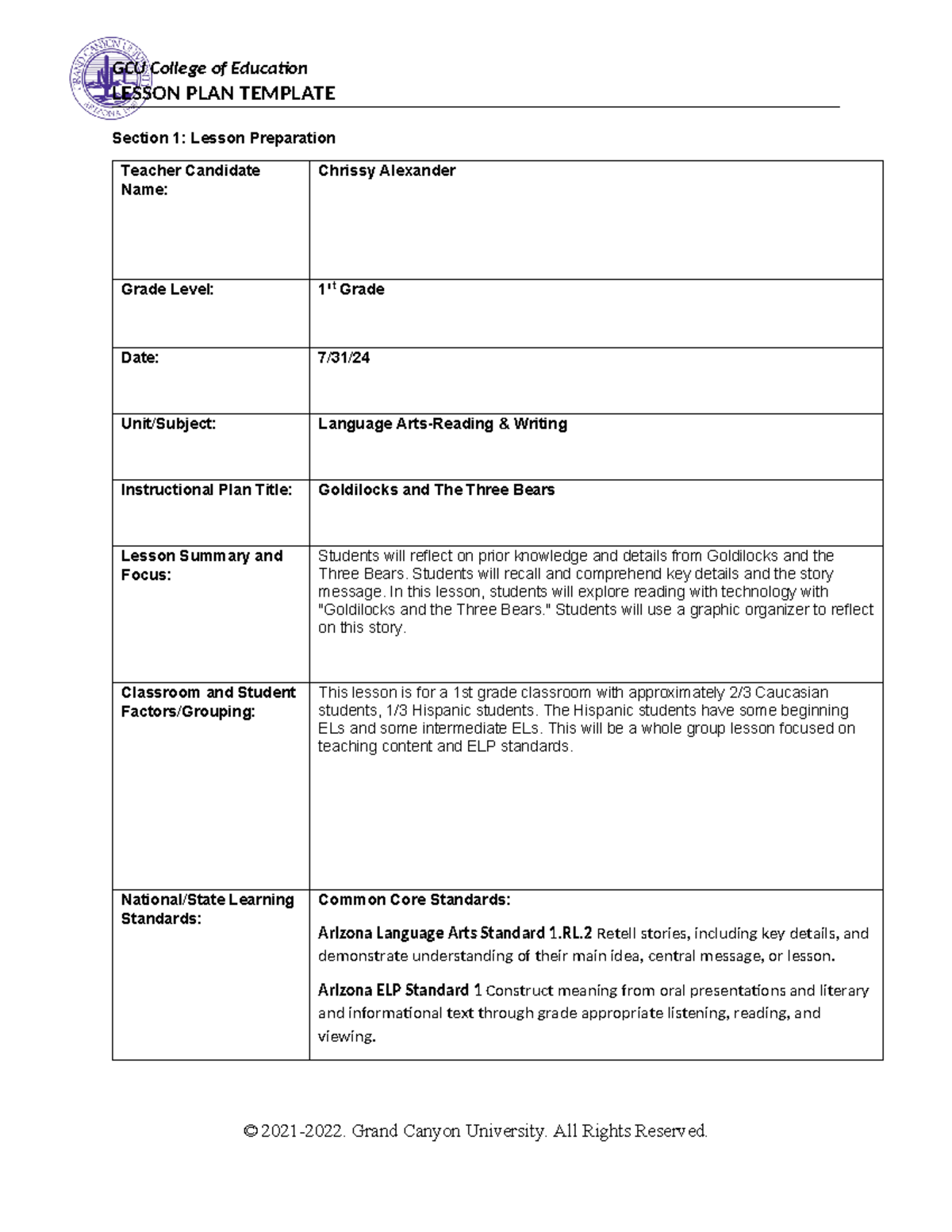 ESL-546 ESL Lesson Plan - LESSON PLAN TEMPLATE Section 1: Lesson Preparation Teacher Candidate ...