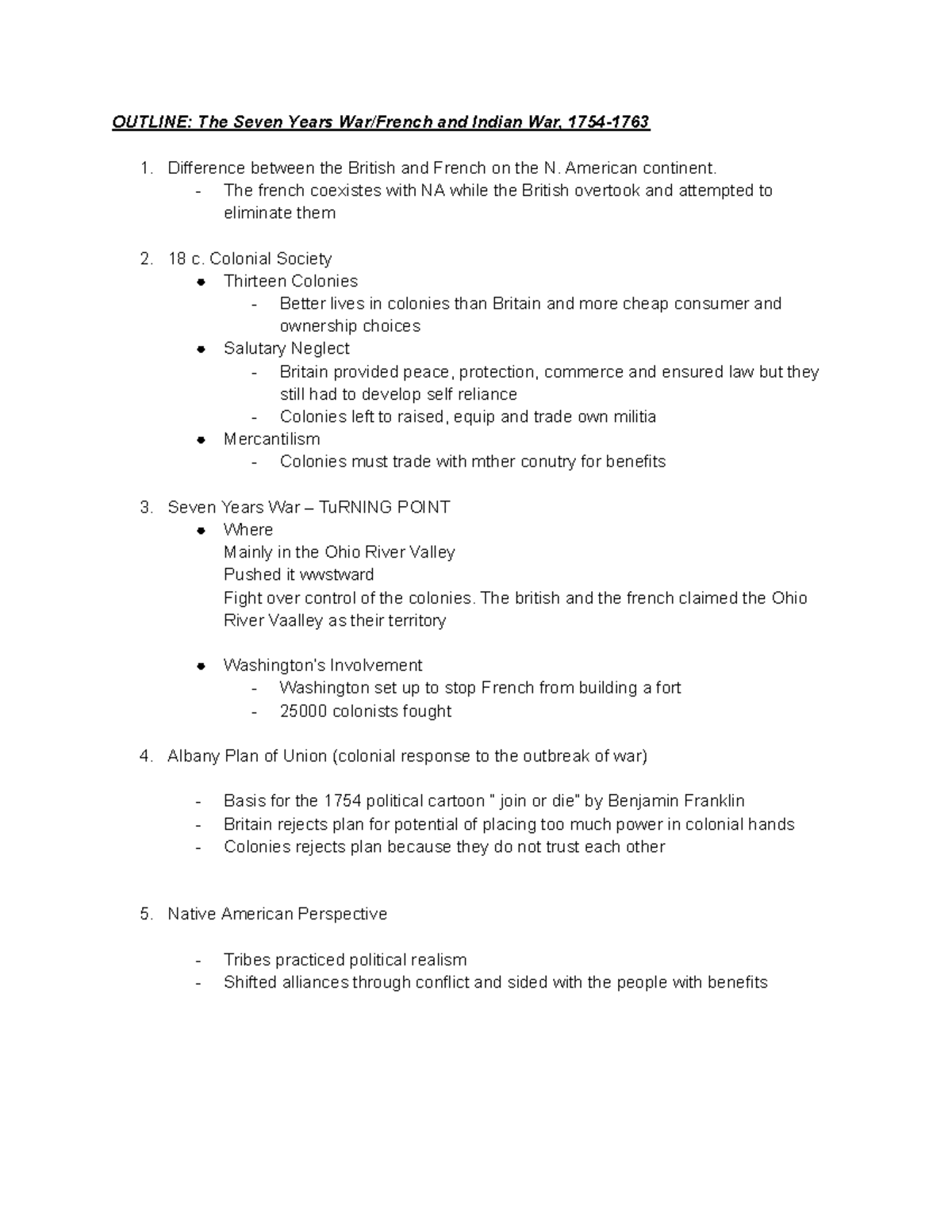 Outline The Seven Years War French and Indian War, 1754-1763 - OUTLINE ...