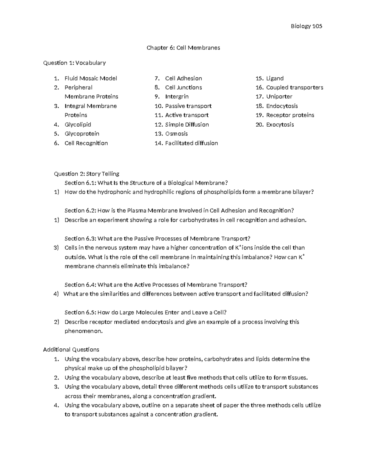 Lecture 4 Cell Membranes - Tagged - Biology 105 Chapter 6: Cell ...