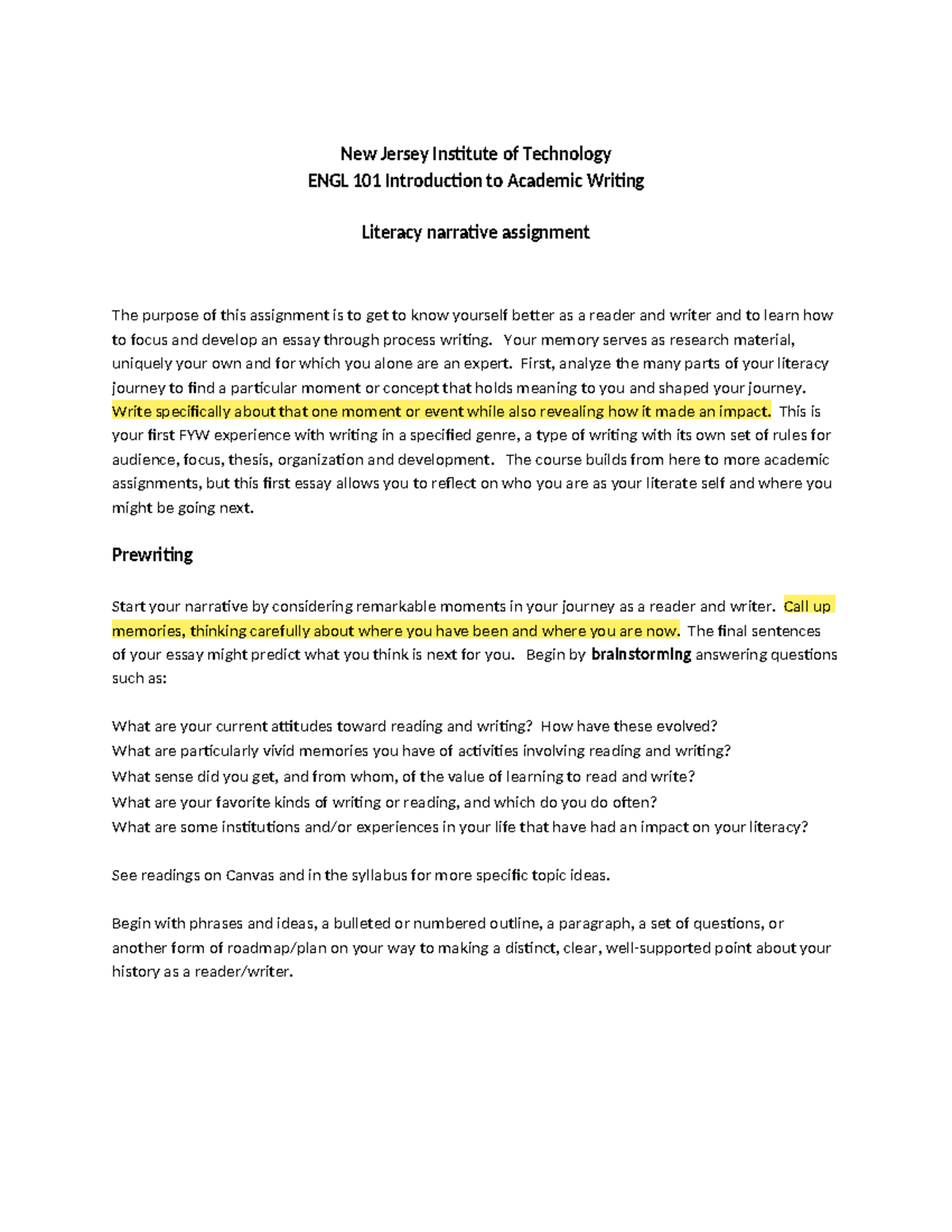 ENGL 101 Literacy narrative instructions fall 2023 - Tagged - New ...