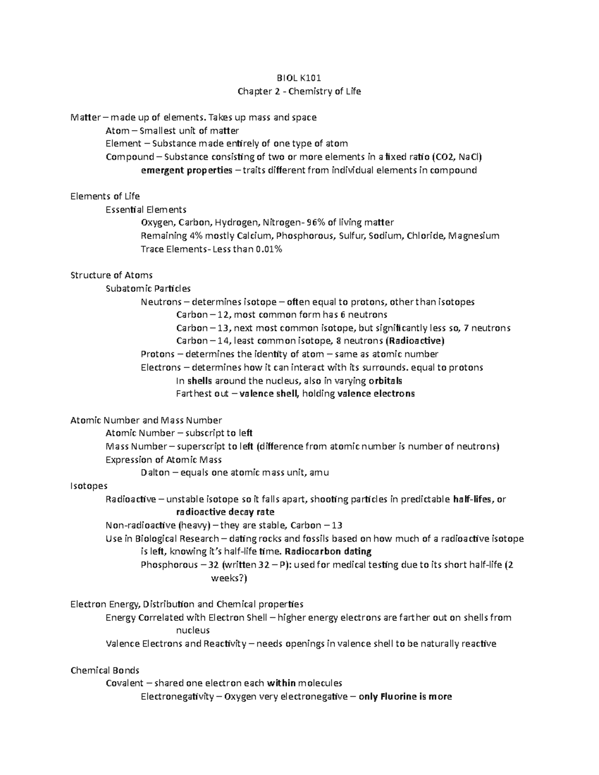 Chapter 2 Notes - BIOL K Chapter 2 - Chemistry of Life Matter – made up ...