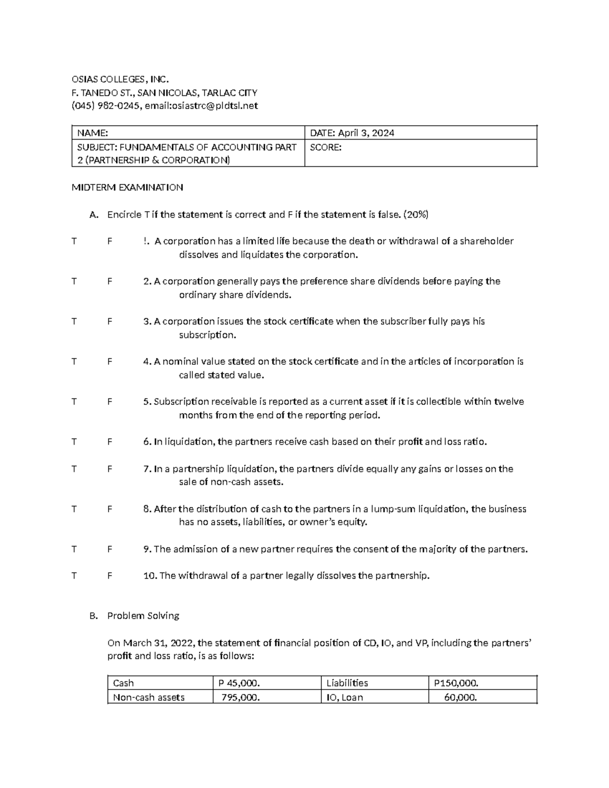 Midterm Fundamentals of Accounting Part 2 Partnership Corporation ...