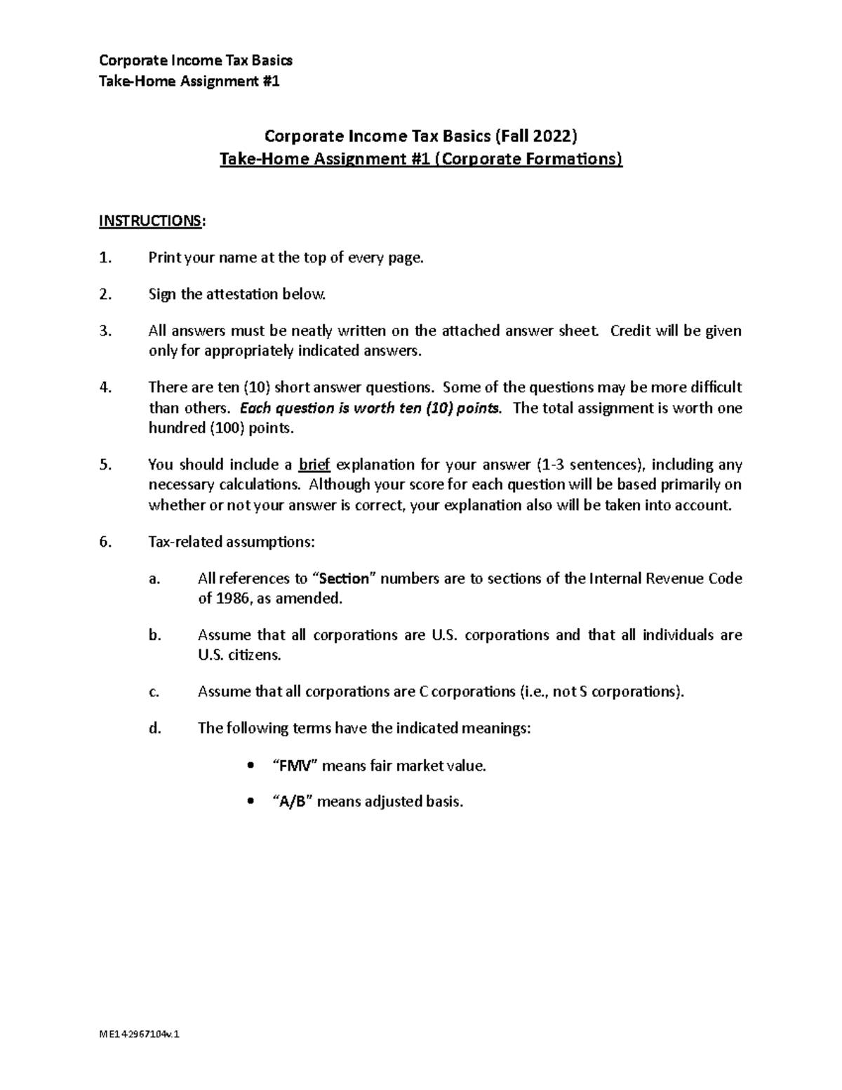 Take-home assignment #1 - Take-Home Assignment # Corporate Income Tax ...