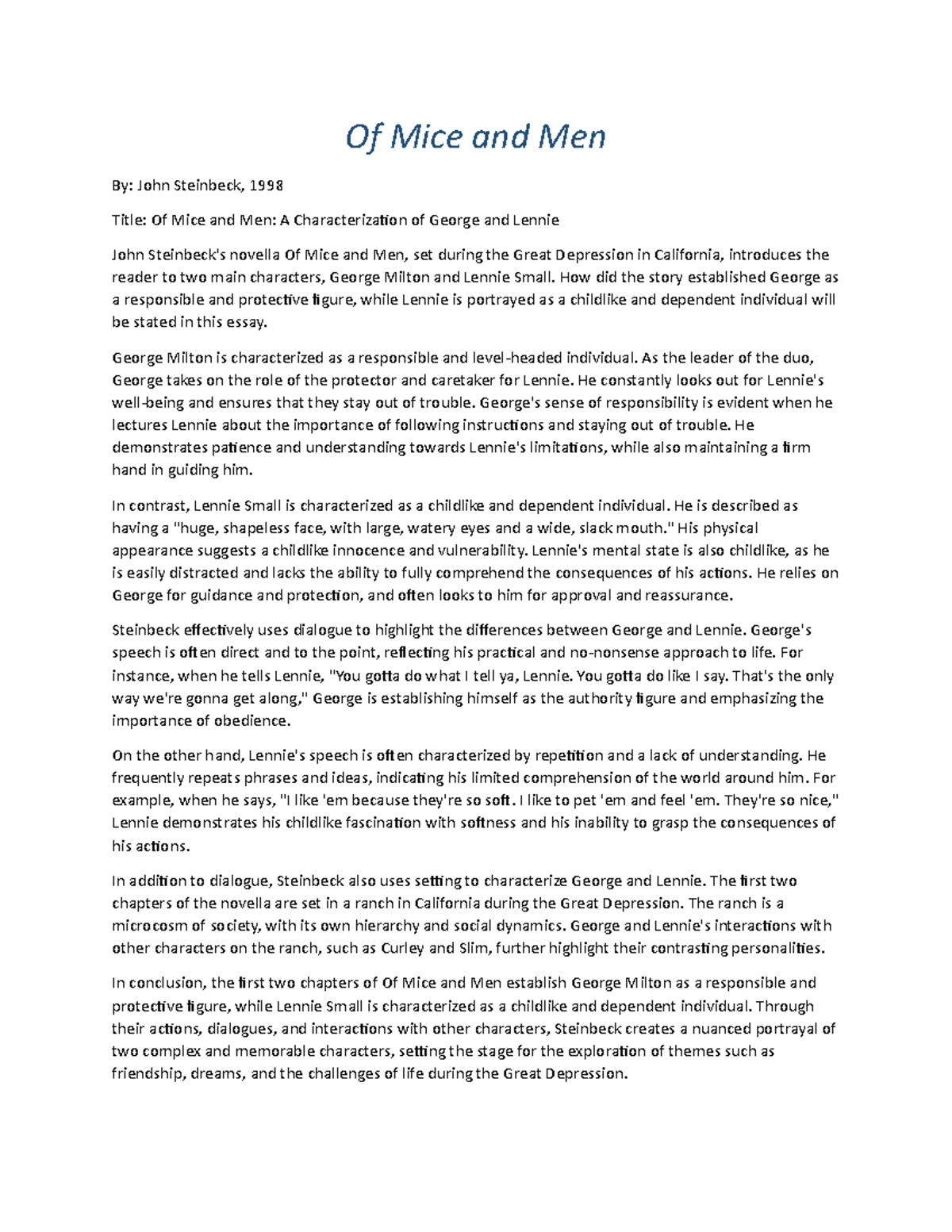 Of Mice and Men - Of mice and men notater og analyse - Of Mice and Men ...