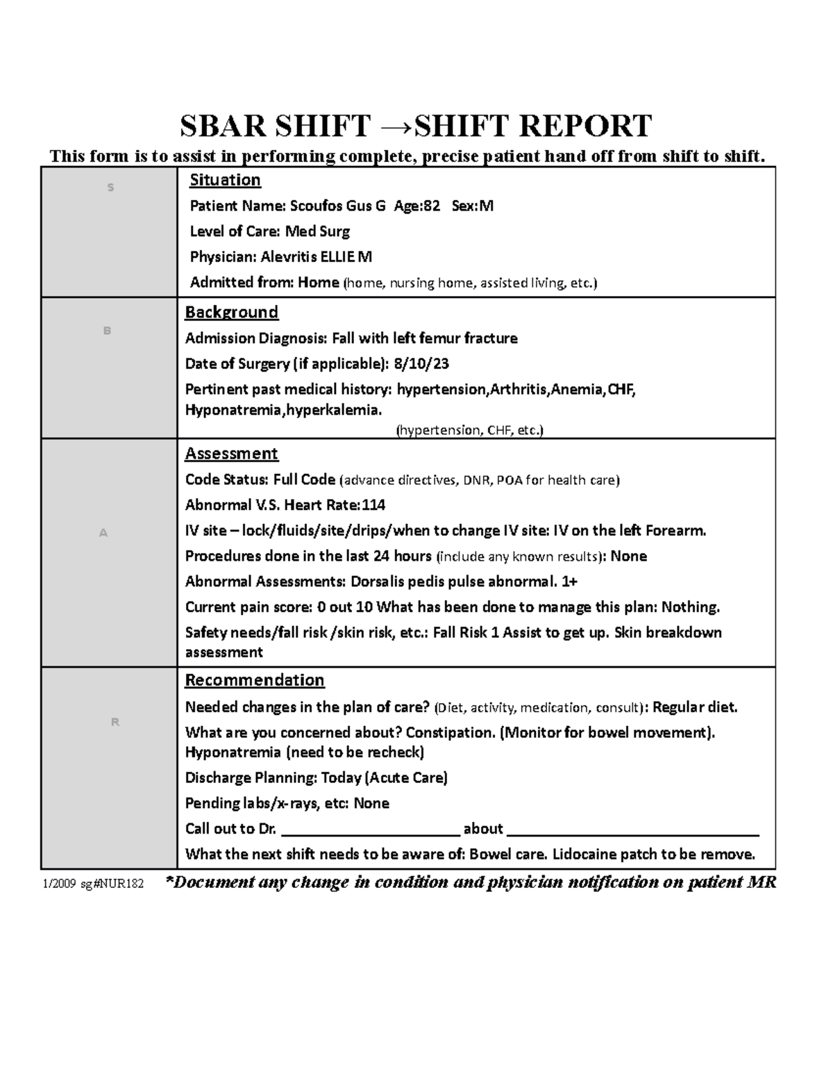 SBAR copy final - Sbar - SBAR SHIFT →SHIFT REPORT This form is to ...