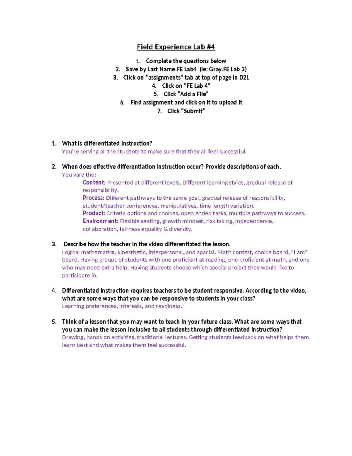 Fe Lab 4 Assignment - Field Experience Lab Complete the questions below Save by Last Name Lab4 ...