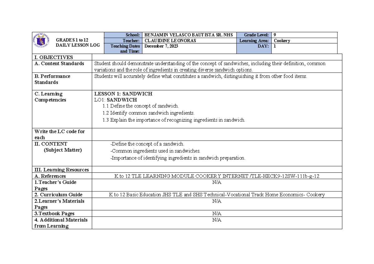 Daily- Lesson-LOG - GRADES 1 to 12 DAILY LESSON LOG School: BENJAMIN ...