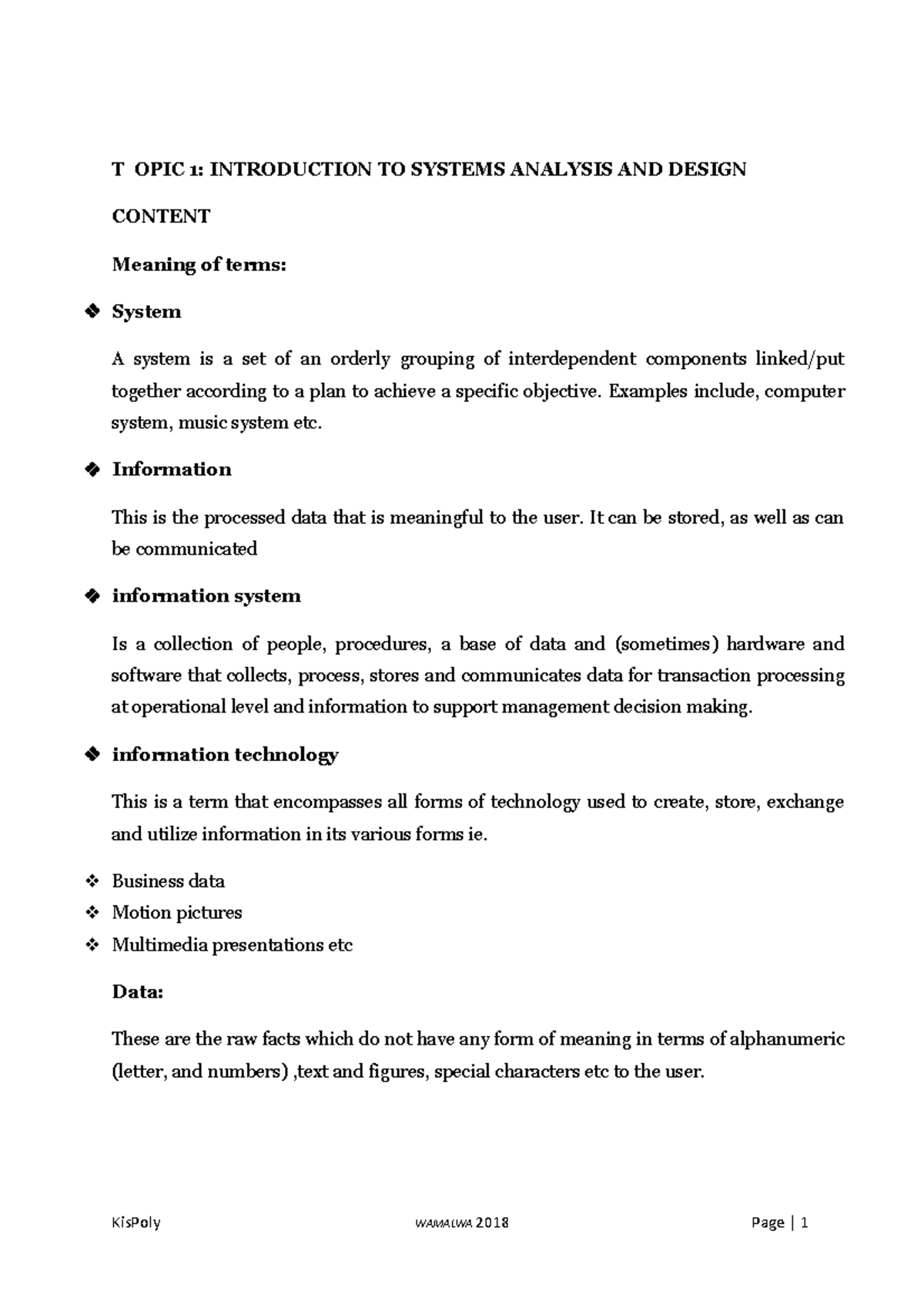 SAD Comprehensive Notes - T OPIC 1: INTRODUCTION TO SYSTEMS ANALYSIS ...