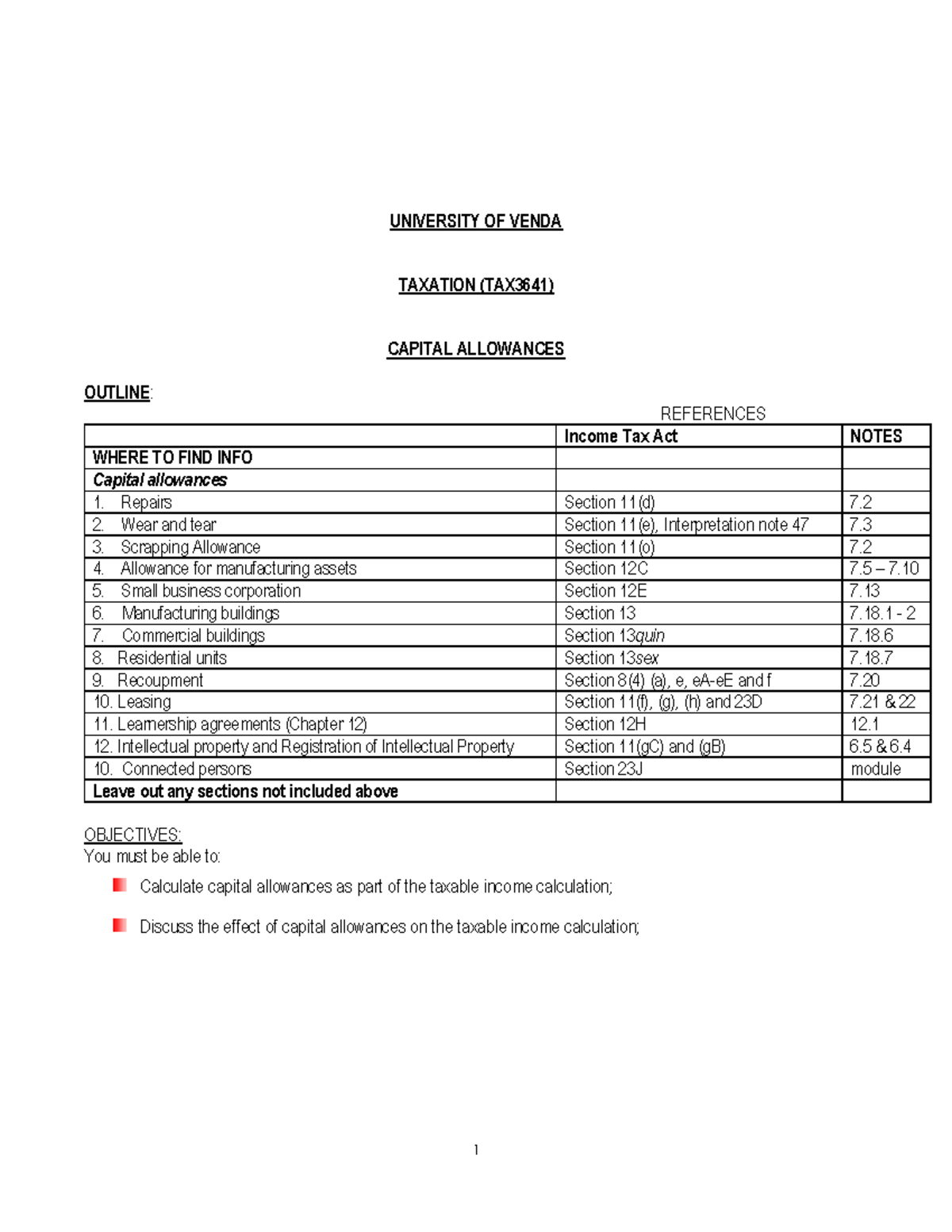 Capital allowances summary - UNIVERSITY OF VENDA TAXATION (TAX3641 ...