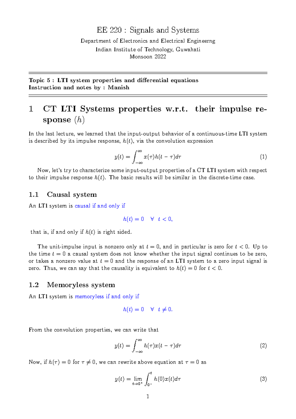 Topic 5 System properties and convolution sum - EE 220 : Signals and Systems Department of - Studocu