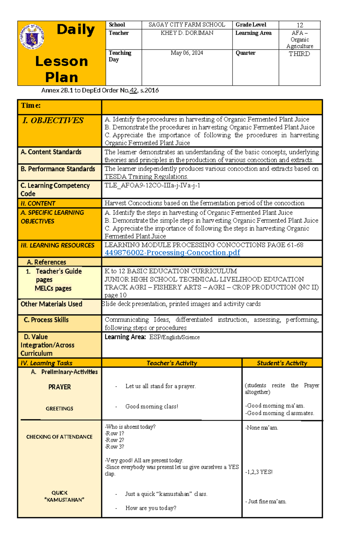 Harvest Concoction DLP - Daily Lesson Plan School SAGAY CITY FARM ...