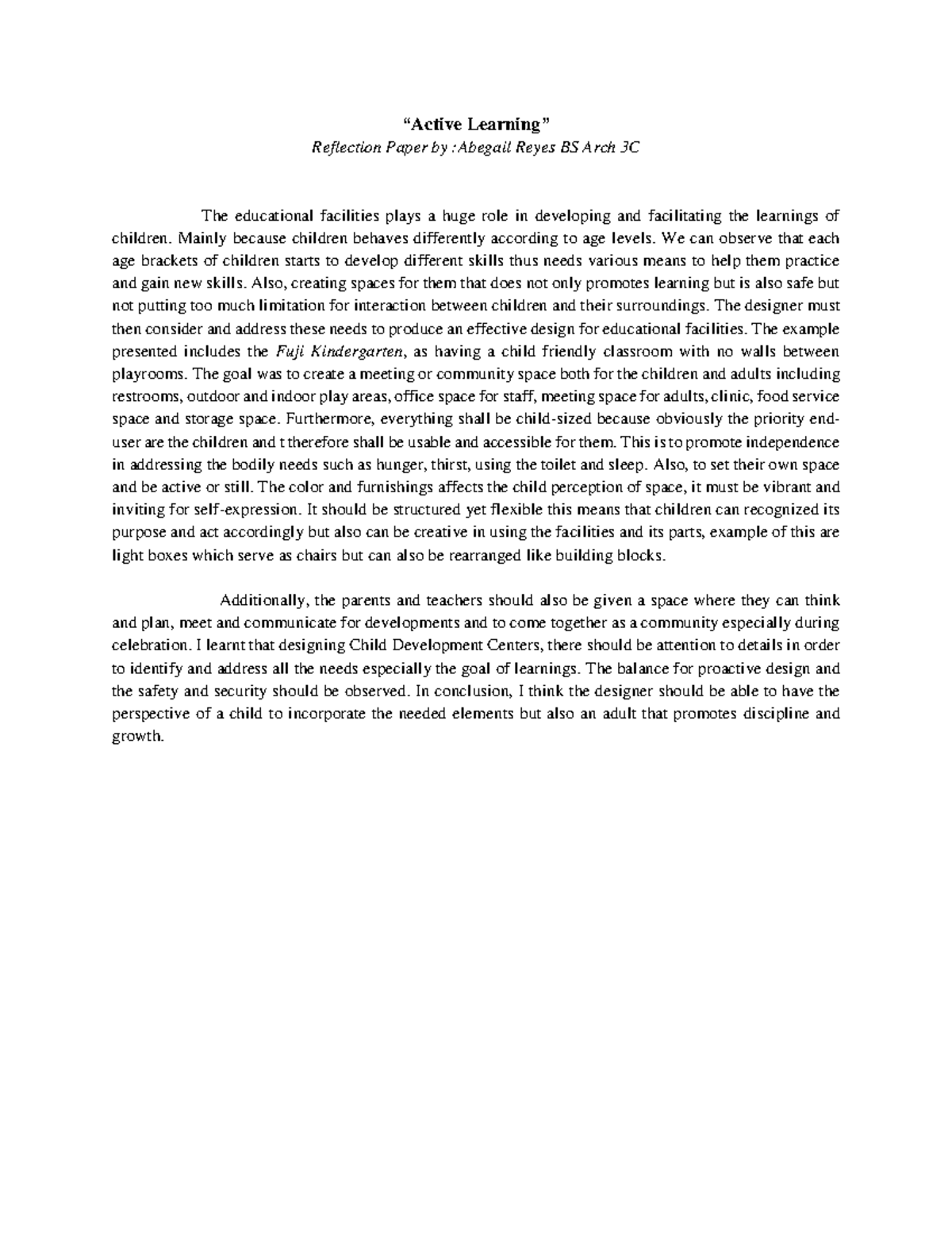 Educational Facilities - Reaction Paper - “Active Learning” Reflection ...