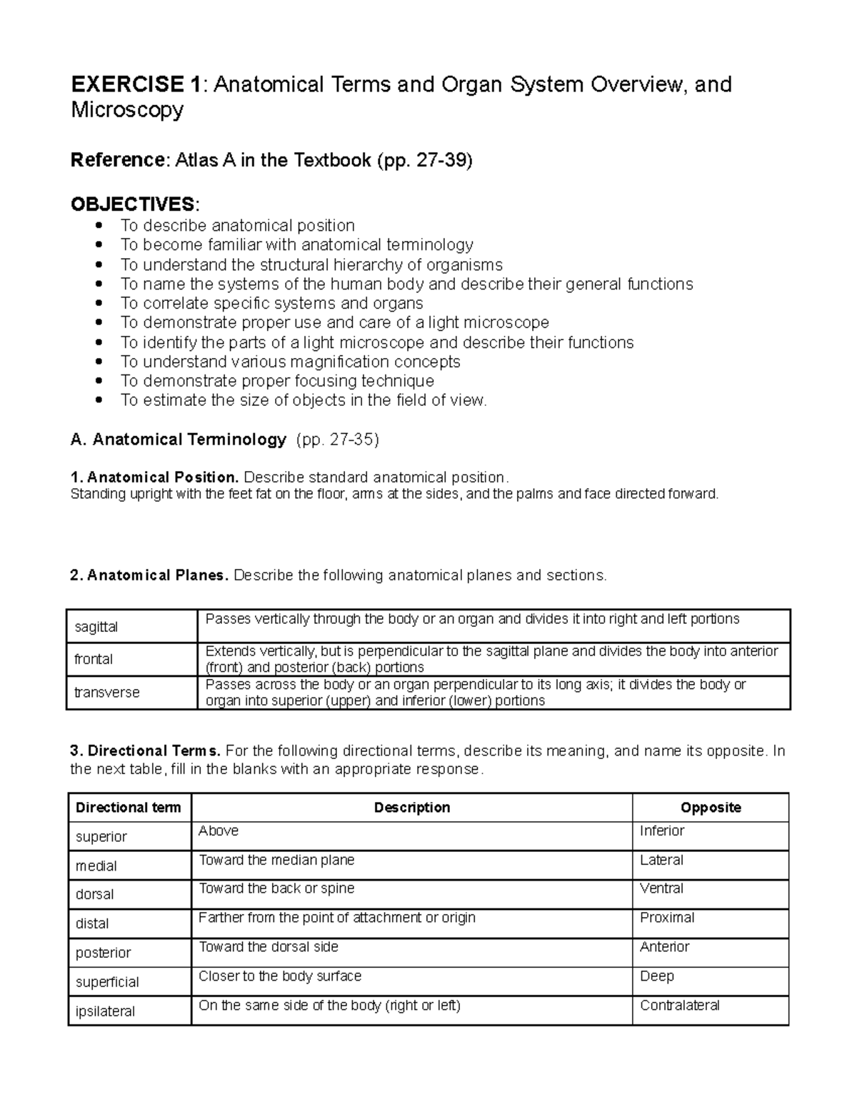 Exercise 1 - Intro, Terminology, and Microscopy - EXERCISE 1 ...
