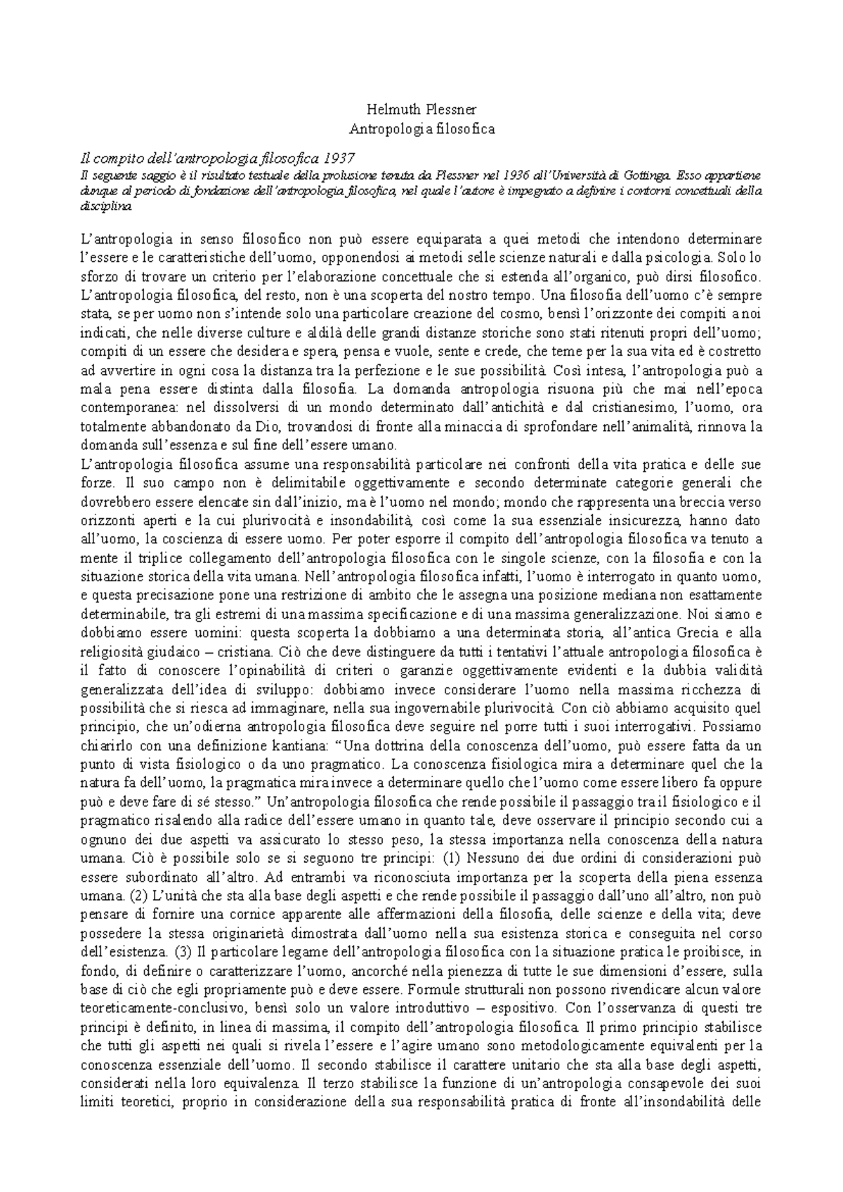 Antropologia filosofica - Helmuth Plessner Antropologia filosofica Il ...