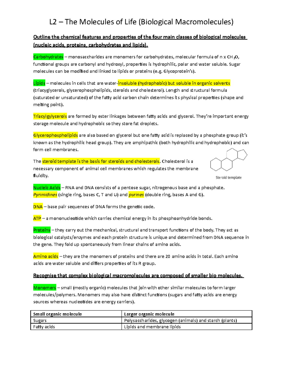 L2 - The Molecules Of Life (Biological Macromolecules) - Outline the ...