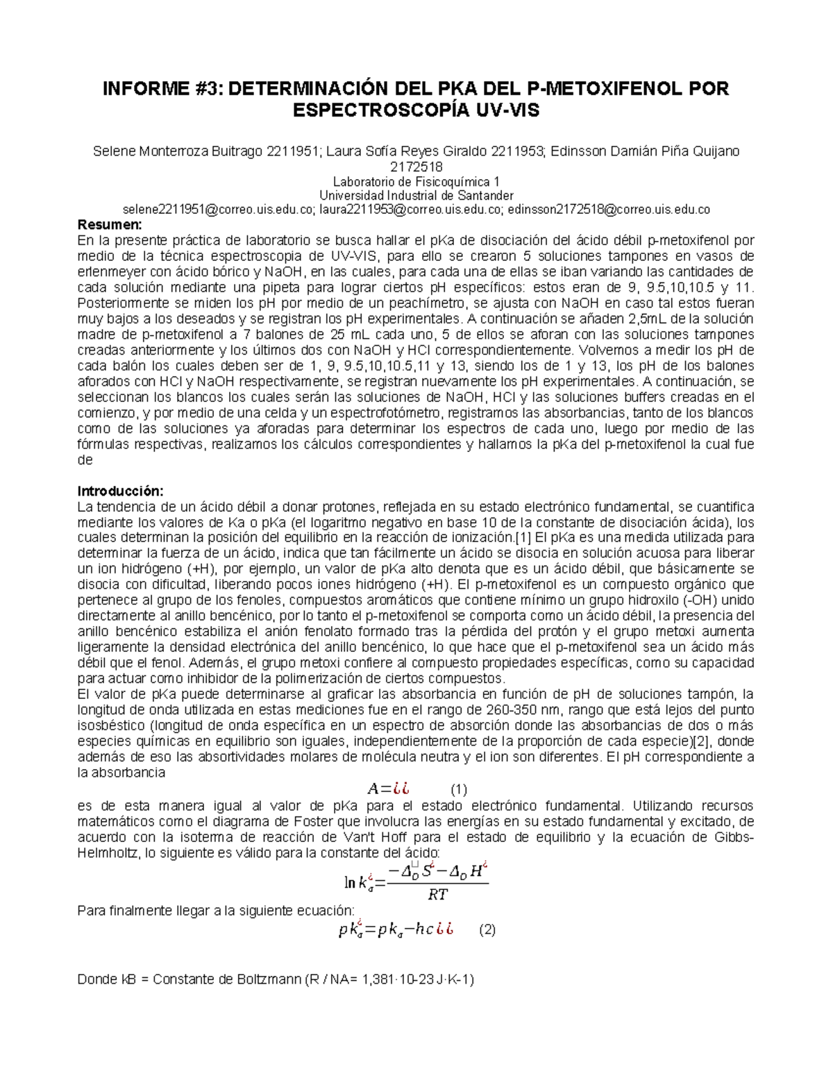 Informe 1 - uwu - INFORME # 3 : DETERMINACIÓN DEL PKA DEL P-METOXIFENOL POR ESPECTROSCOPÍA UV ...