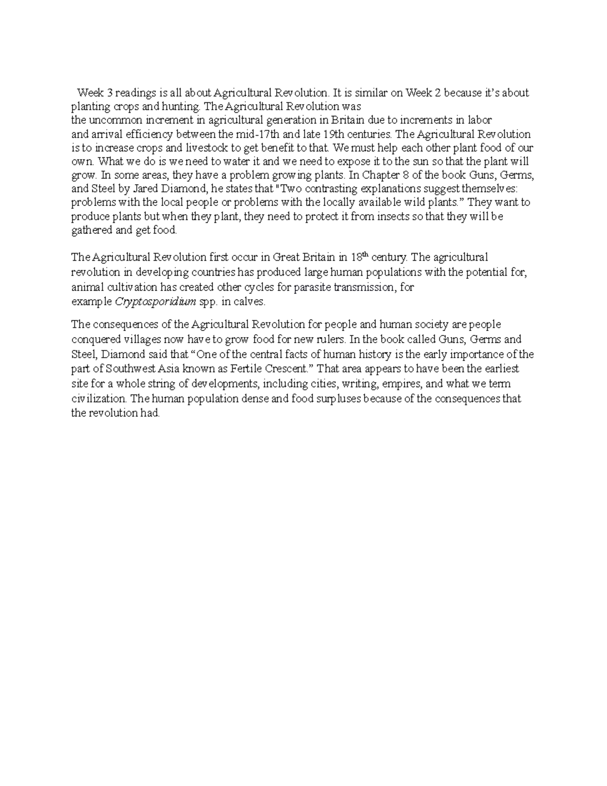 Week 3 - History 1 - Week 3 readings is all about Agricultural ...