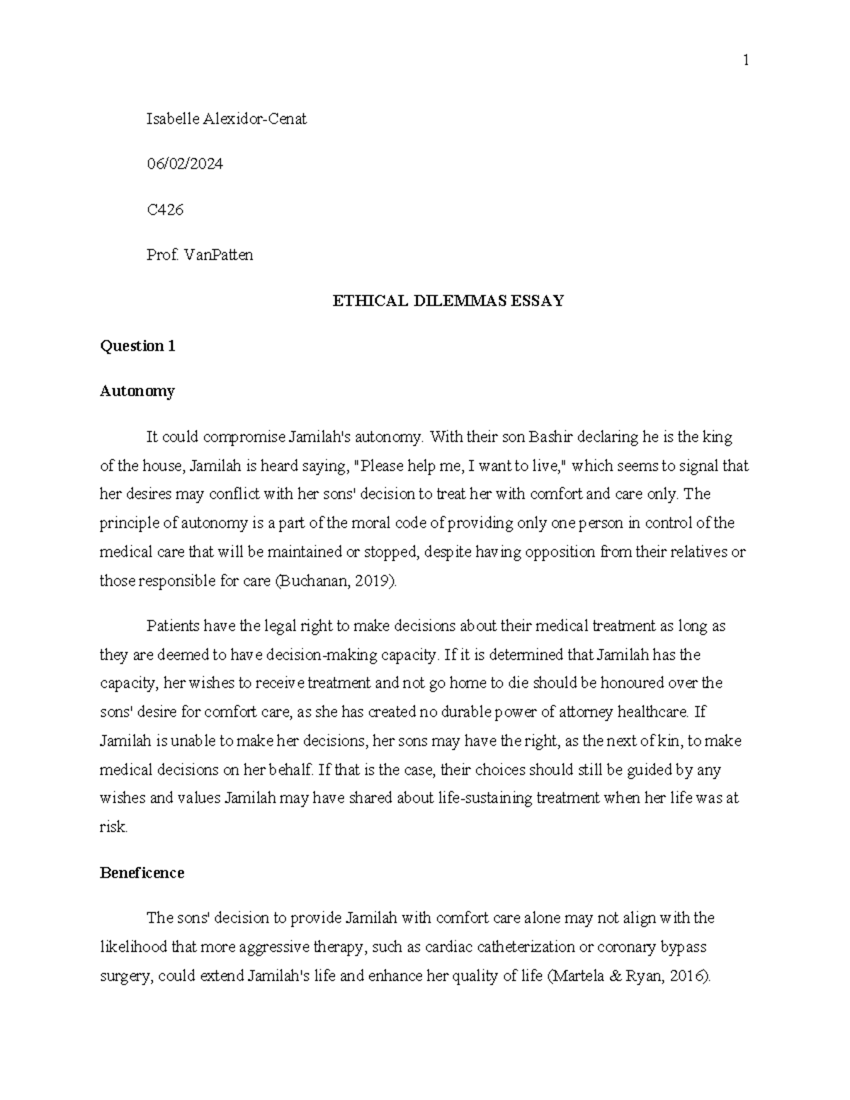 Ethical Dilemmas ESSA1 - Isabelle Alexidor-Cenat 06/02/ C Prof ...