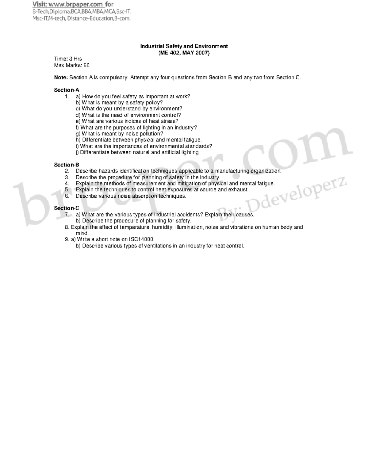 Me8 ise MAY 2007 - QUESTIONS - Industrial Safety and Environment (ME ...