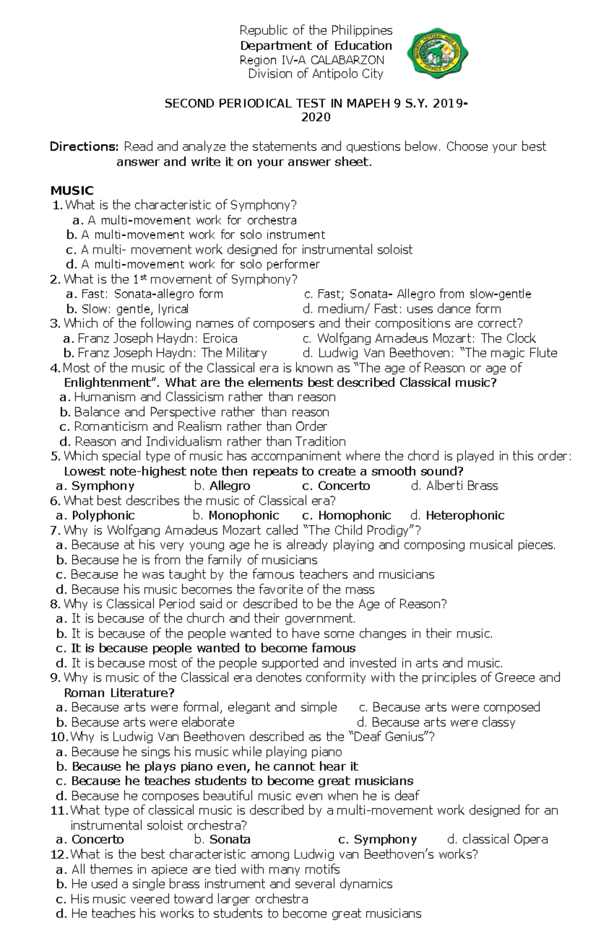 2nd periodical test in mapeh 9 final - Republic of the Philippines ...