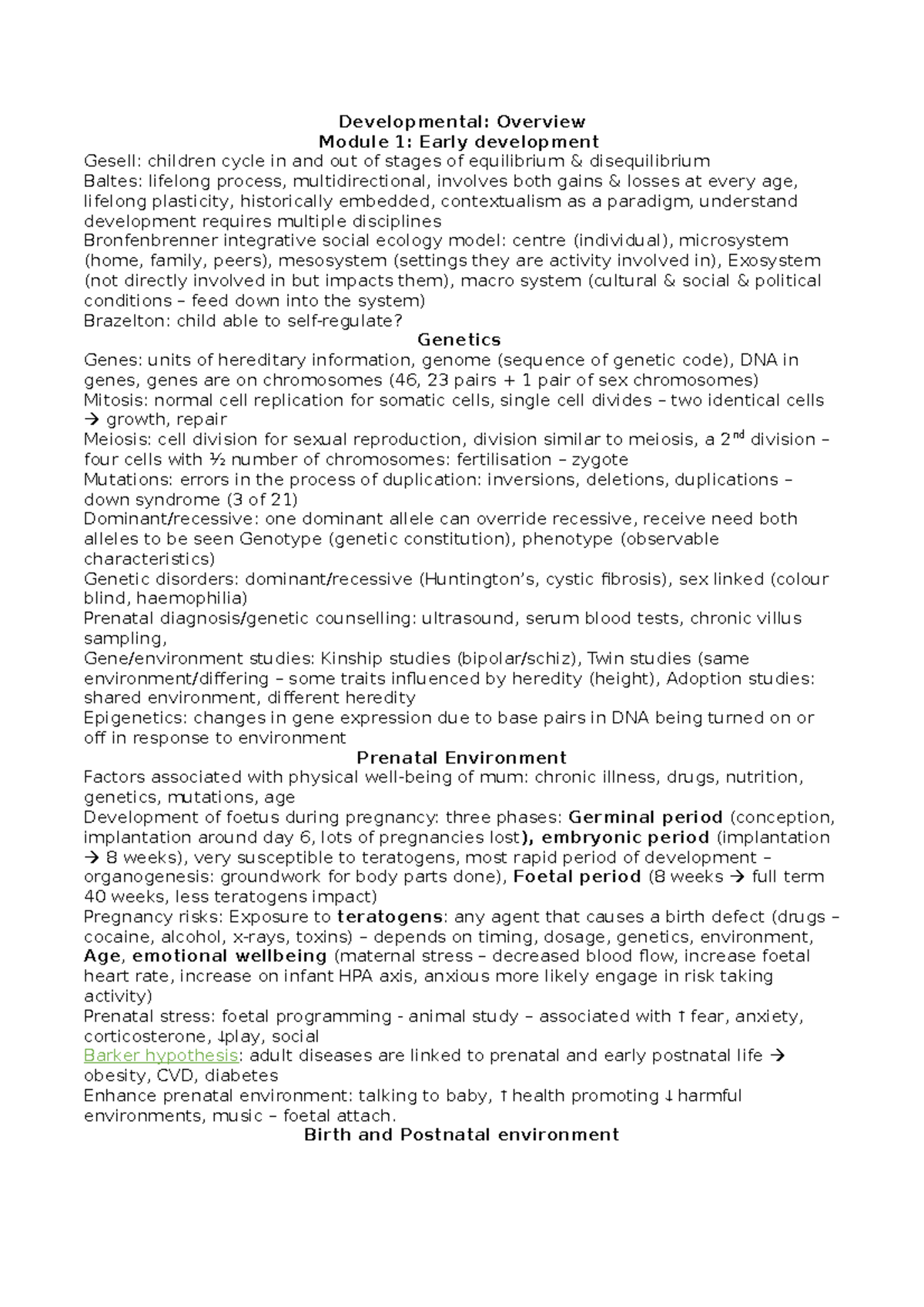 Developmental overview - Developmental: Overview Module 1: Early ...