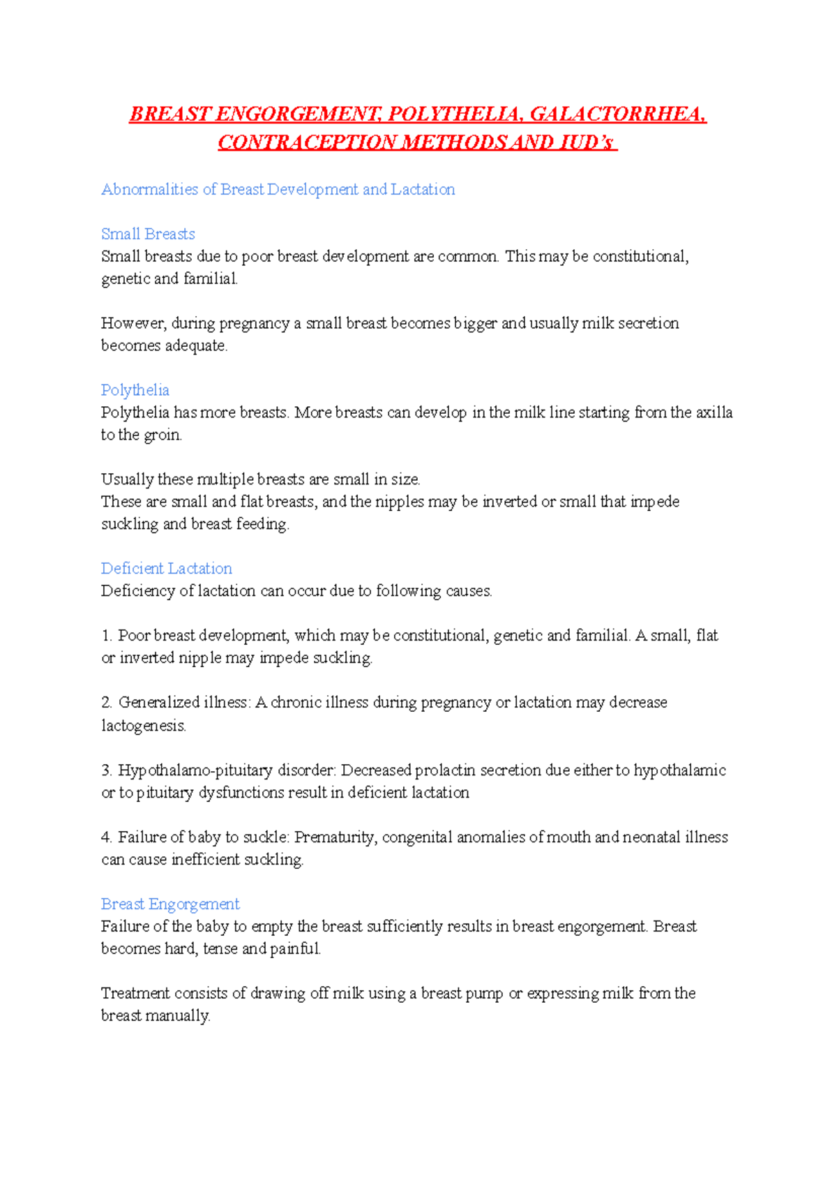 Breast Engorgement, Polythelia, Galactorrhea, Contraception Methods AND ...