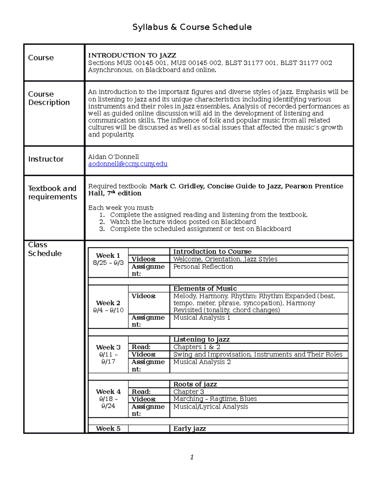 Aidan Syllabus Fall 2023 - Course INTRODUCTION TO JAZZ Sections MUS 00145 001, MUS 00145 002 ...