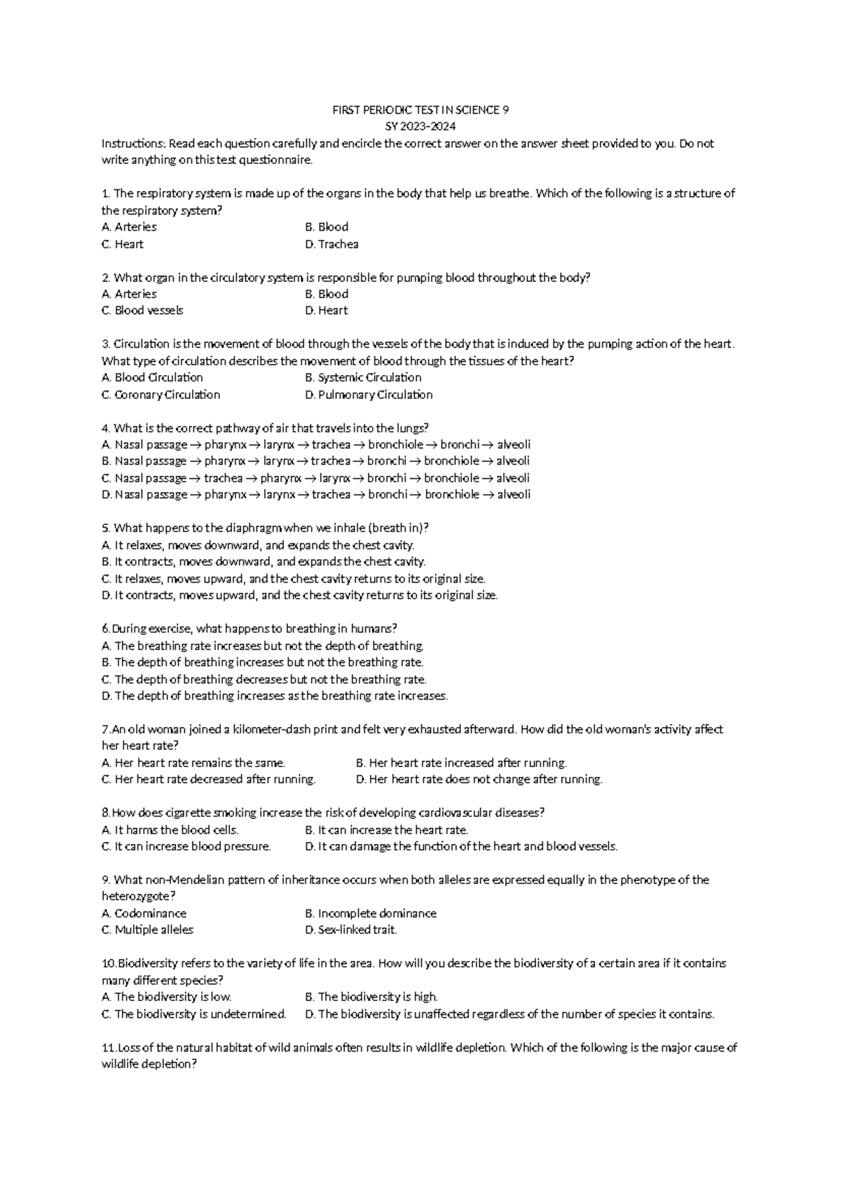 First Periodic TEST IN Science 9 - FIRST PERIODIC TEST IN SCIENCE 9 SY ...